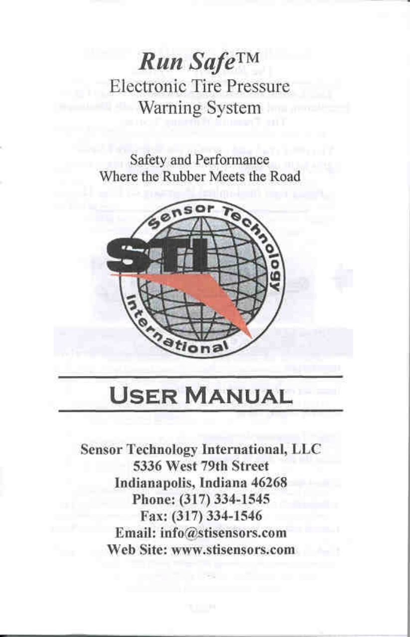 Sensor Technology TX-201 Run Safe Tire Pressure Warning System User Manual