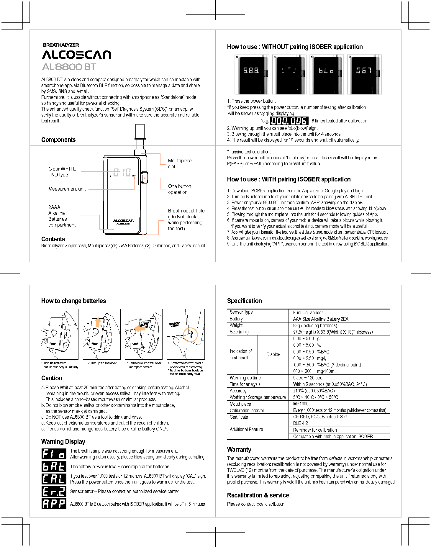 Sentech Korea ISOBER10 Breathanalyzer User Manual 160415 AL8800 manual