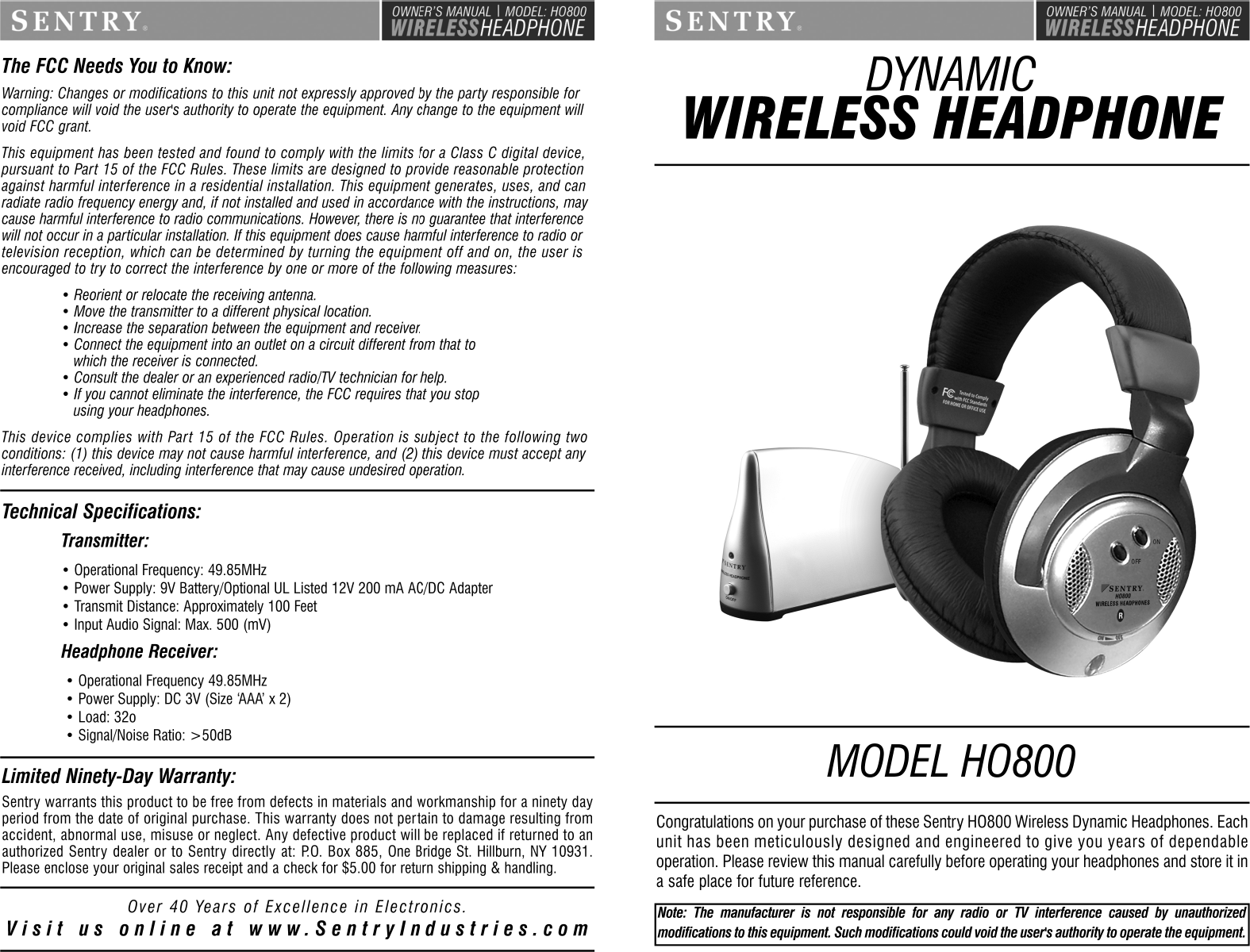 Sentry Industries Ho800 Users Manual HO800_Instructions 1