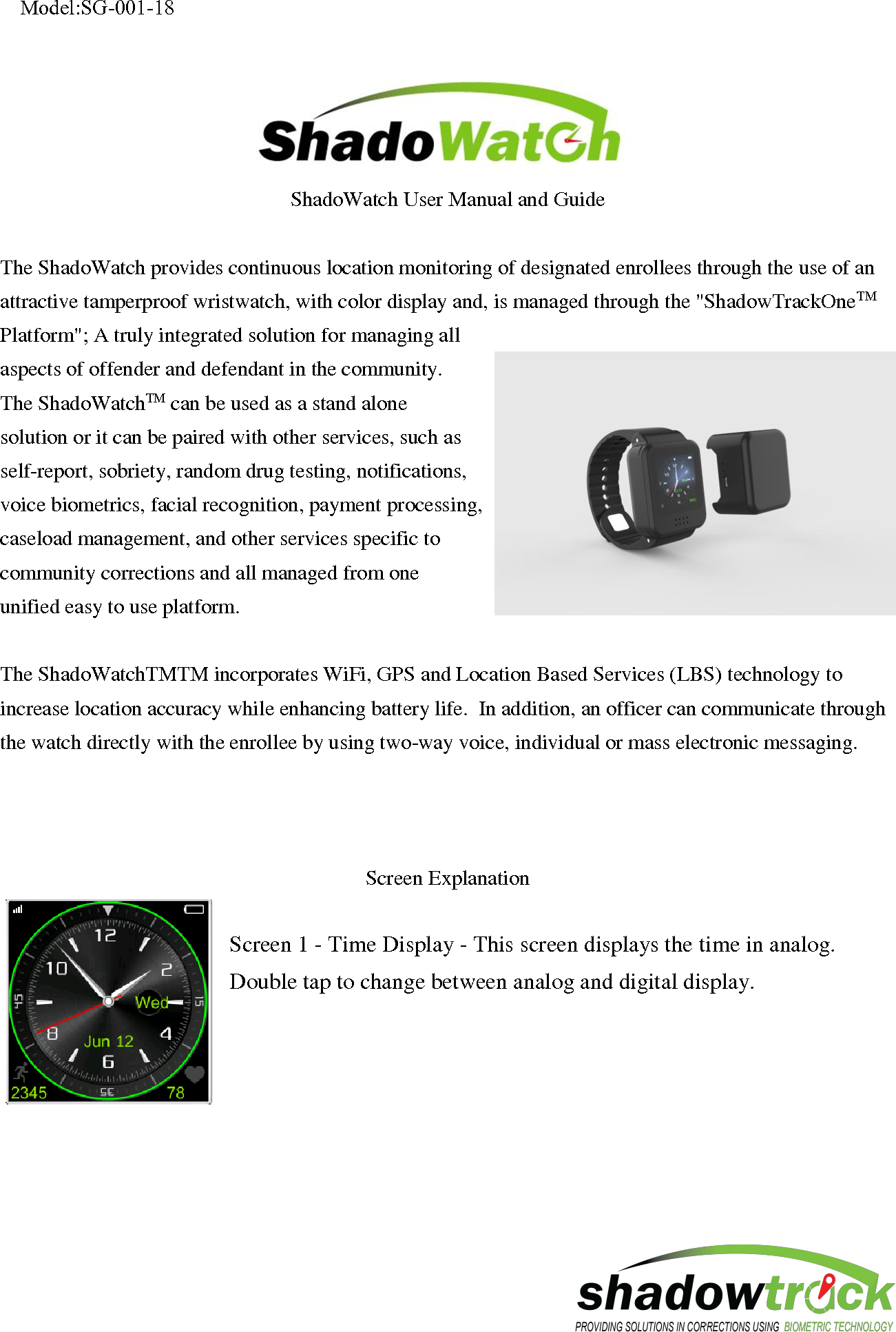 ShadowTrack Technologies SG-001-18 ShadoWatch User Manual