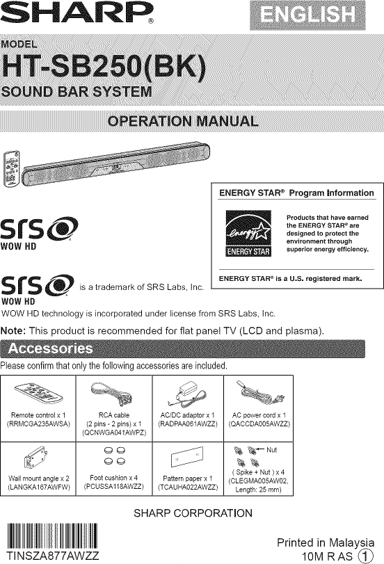 Sharp HT SB250 User Manual SOUND BAR Manuals And Guides 1508071L