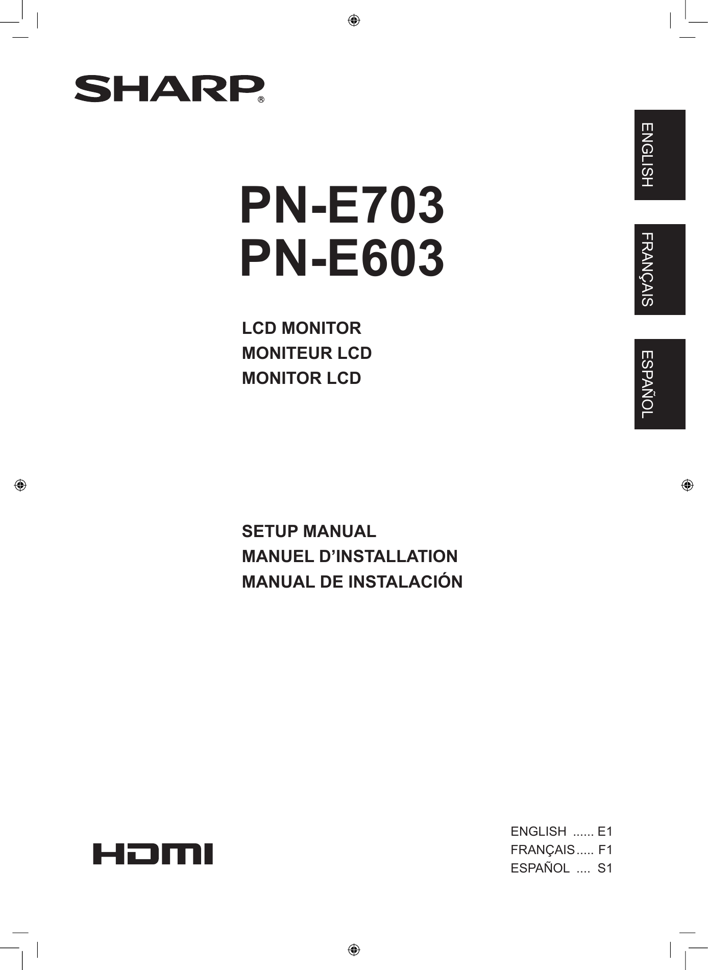 Sharp PN E703 / E603 Quick Start Setup Guide User Manual To The ...