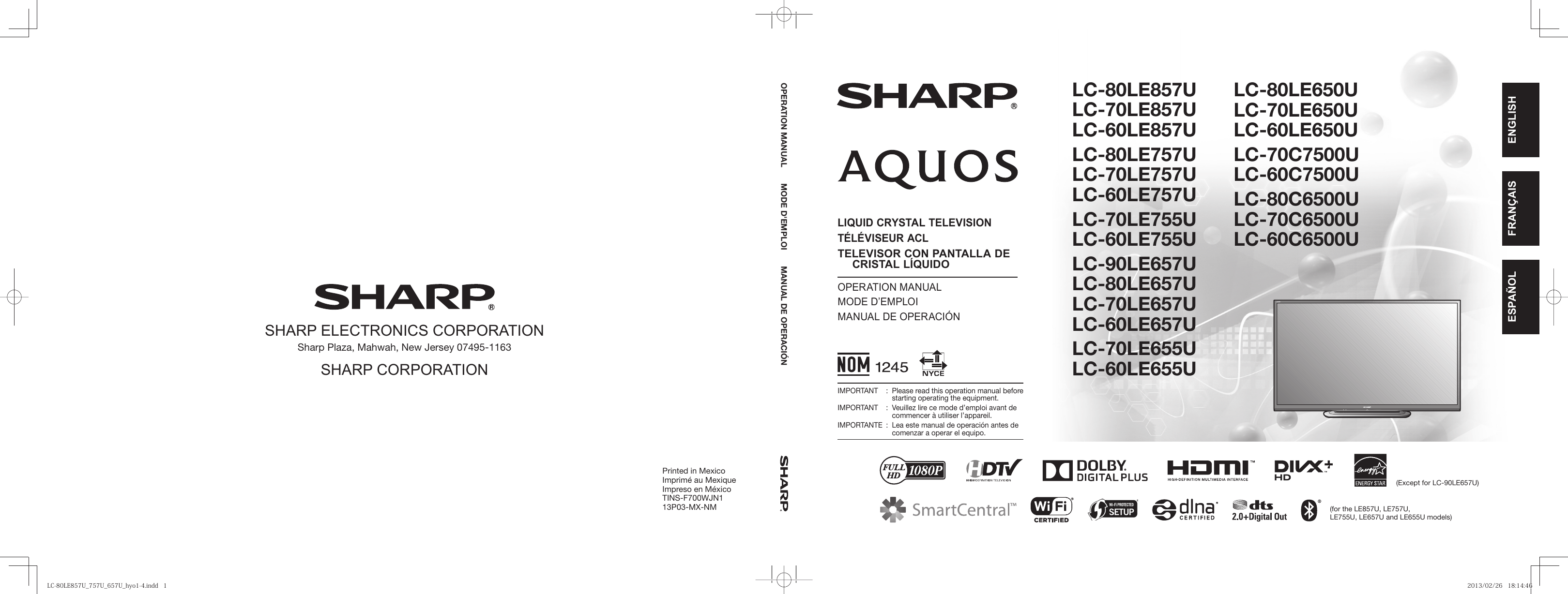 Sharp Aquos Lc 60C6500U Users Manual LC80LE650U LC70LE650U LC60LE650U_E