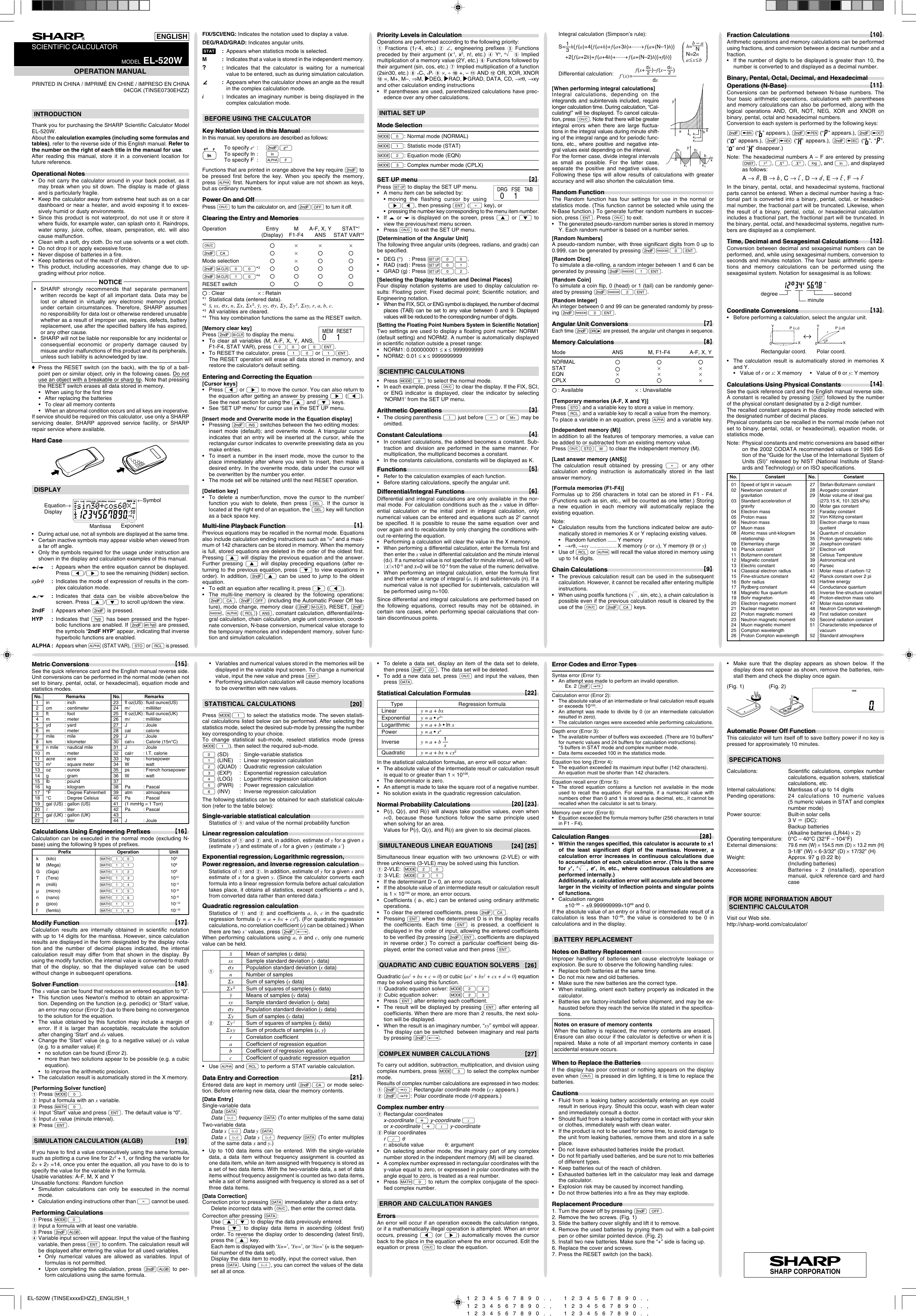 Sharp El 520W Owners Manual Operation