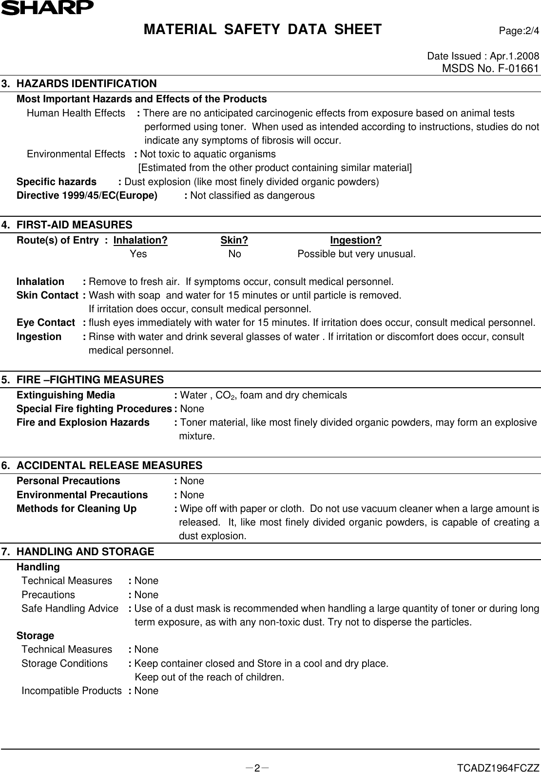 Sharp Mx C311 Msds BKﾄﾅｰ（MX C40NTB,C38GTB,C38FTB）