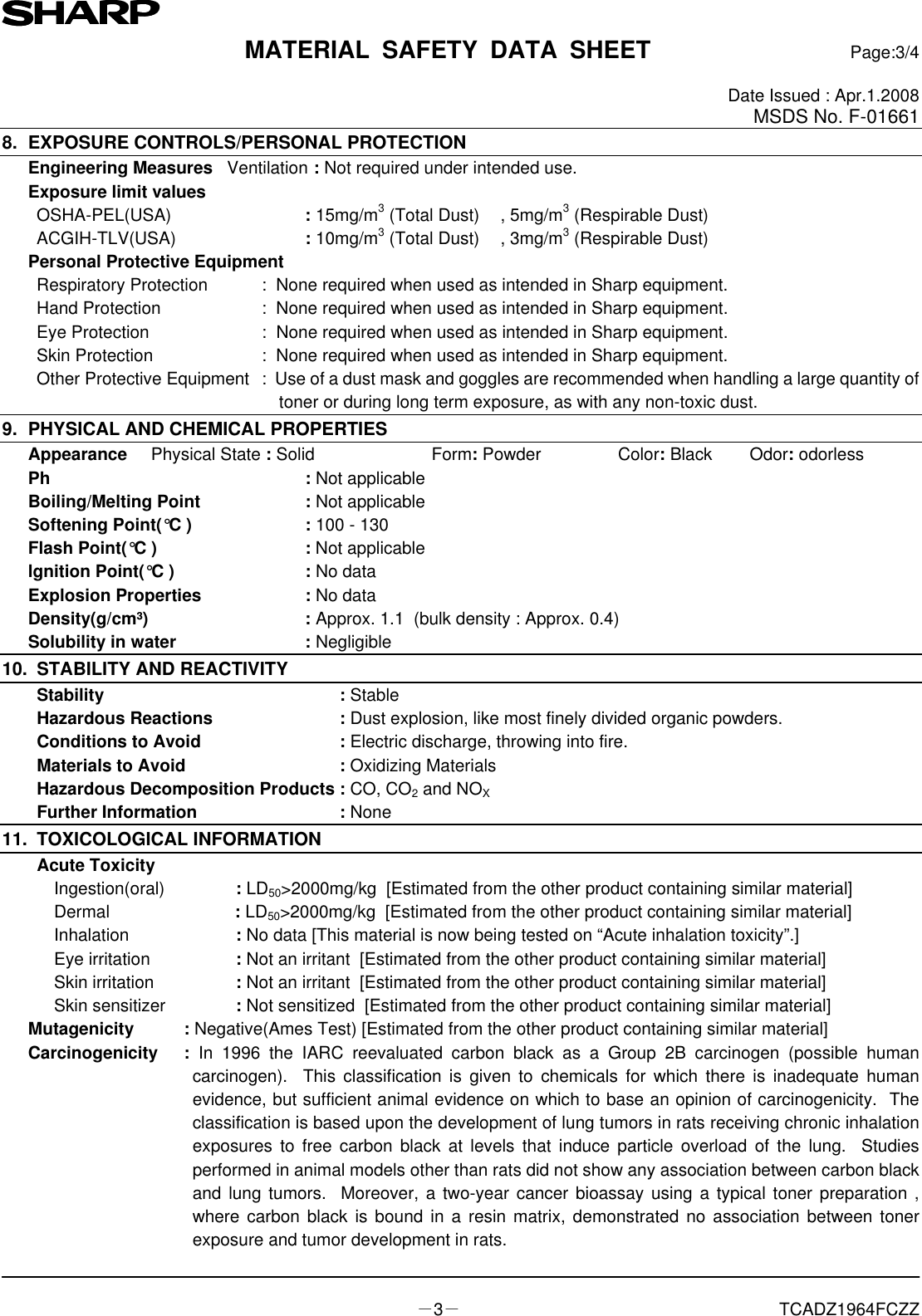 Sharp Mx C311 Msds BKﾄﾅｰ（MX C40NTB,C38GTB,C38FTB）