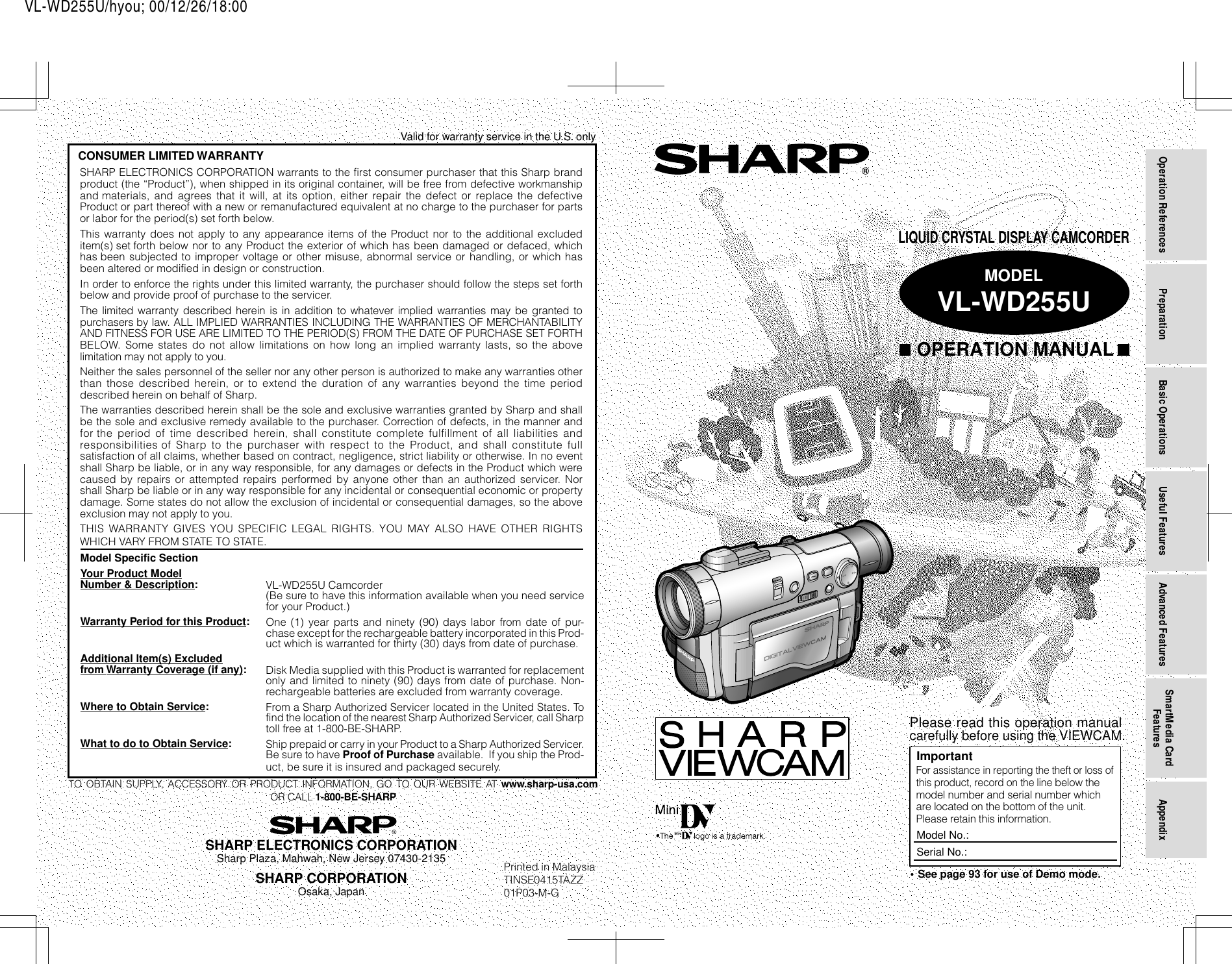 Sharp Viewcam Vl Wd255U Users Manual Operation