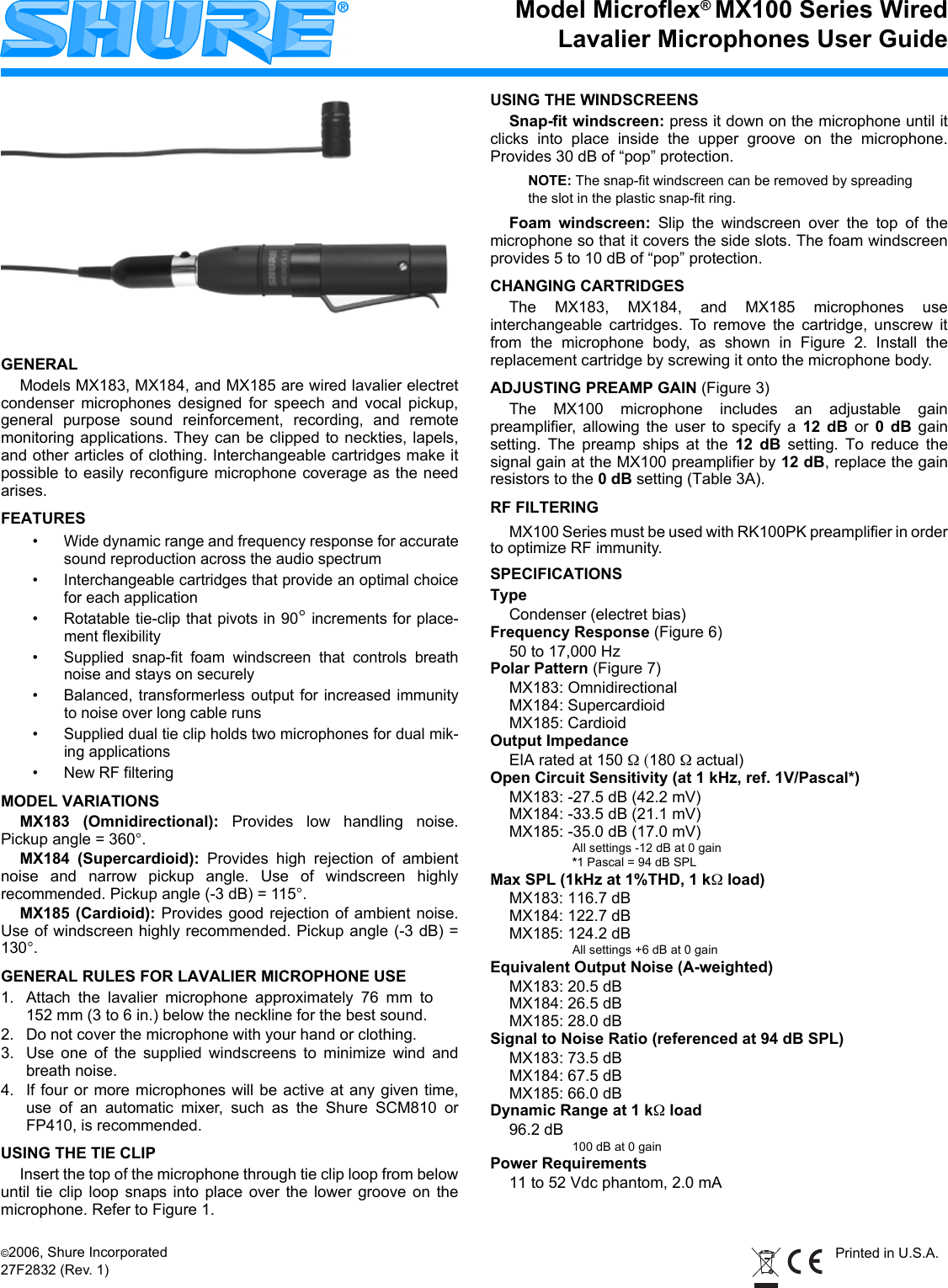Shure Microphone Mx100 Users Manual Mx100_series