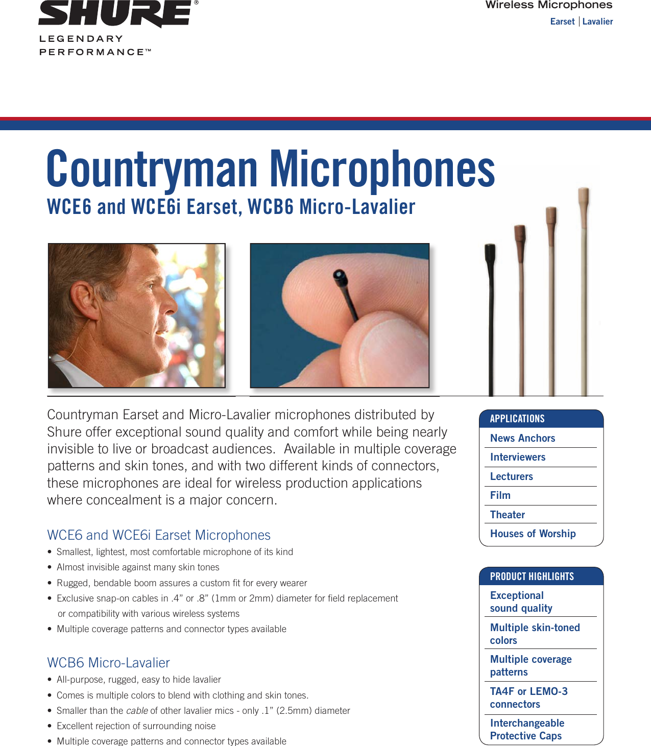 Shure Microphone Wcb6 Users Manual Countryman WCE6, WCE6i, User Guide