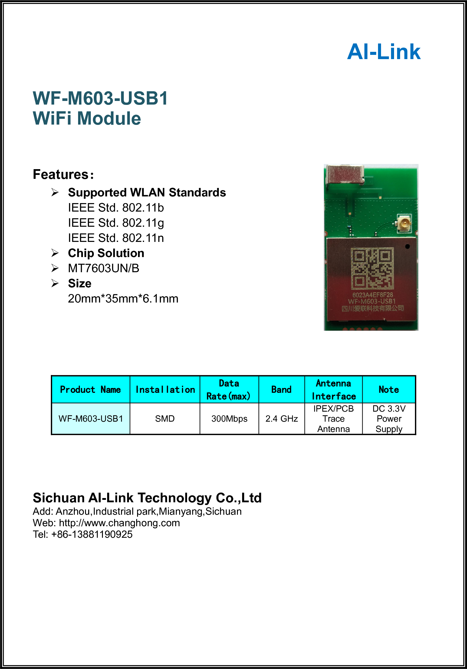 Sichuan AI Link Technology WFM603USB1 WiFi Module User Manual