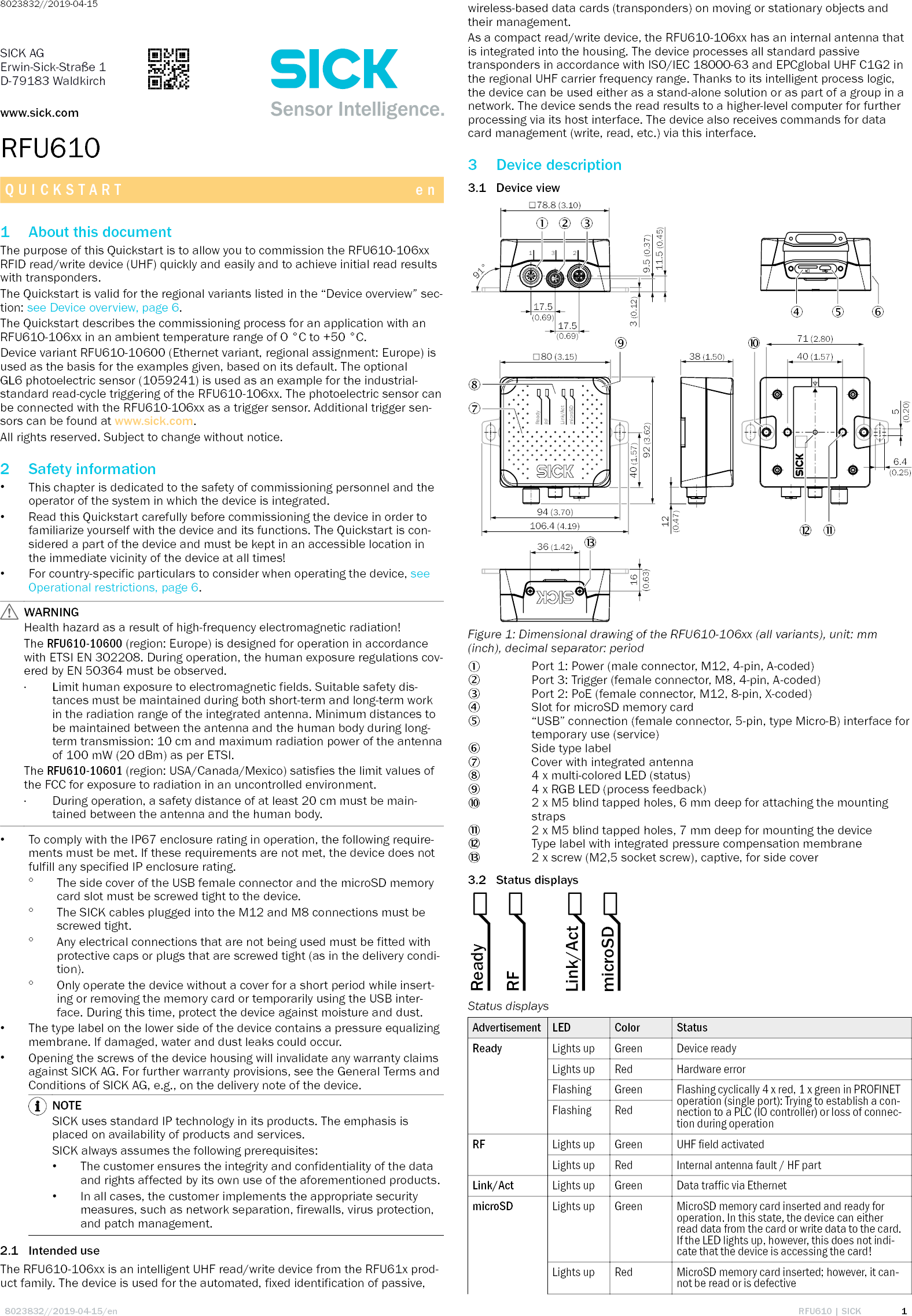 Sick RFU610 UHF RFID Reader User Manual RFU610 8023832