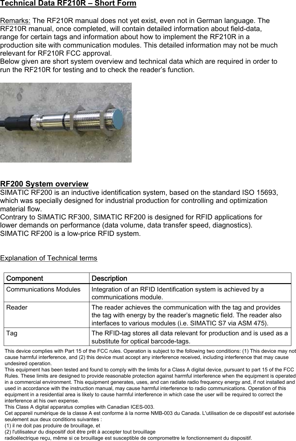 Siemens RF210R RFID Reader User Manual Technical Data RF210R Short Form