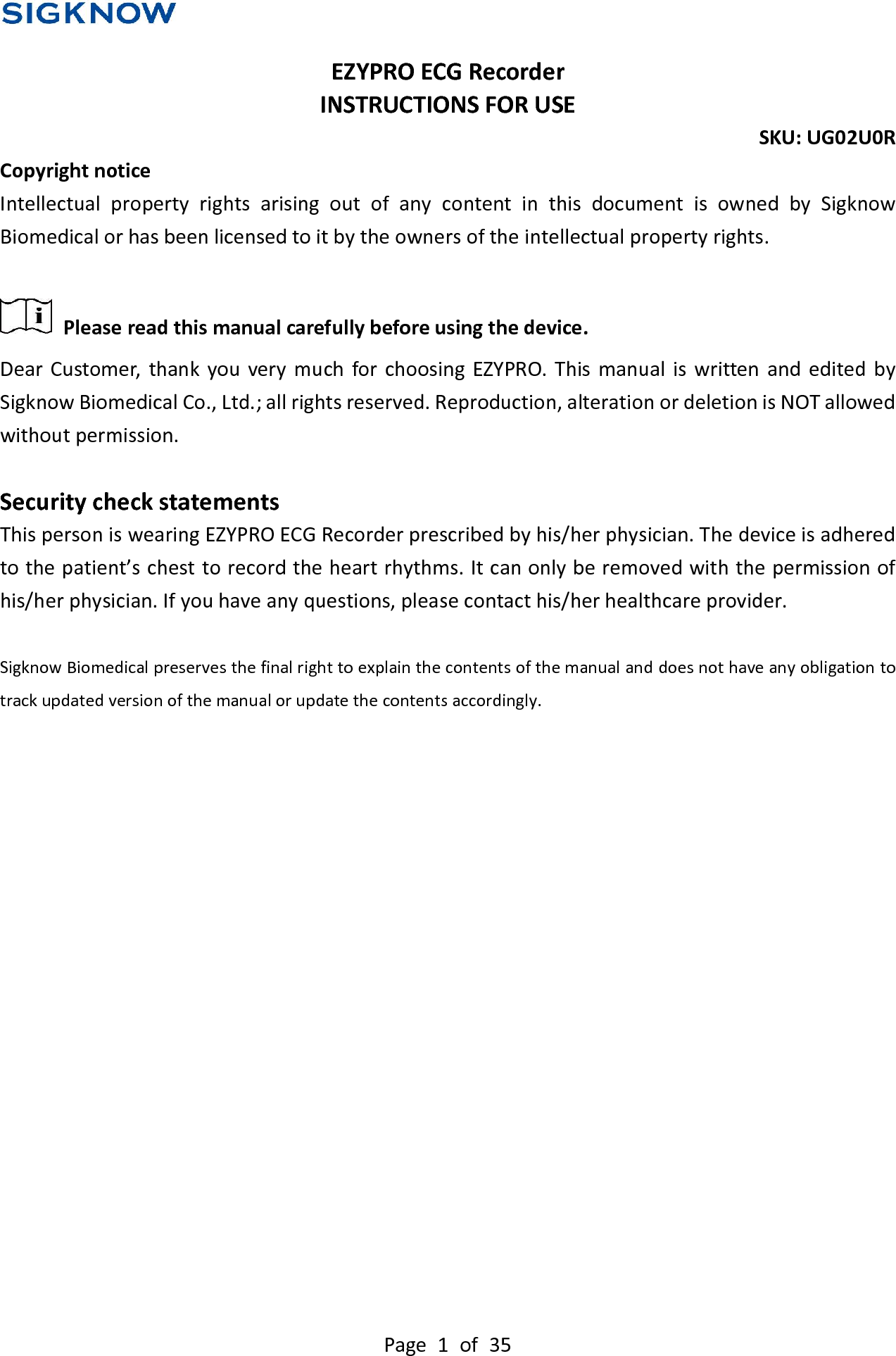 Sigknow Biomedical UG02 ECG recorder & patch User Manual IFU UG02U0R 190717