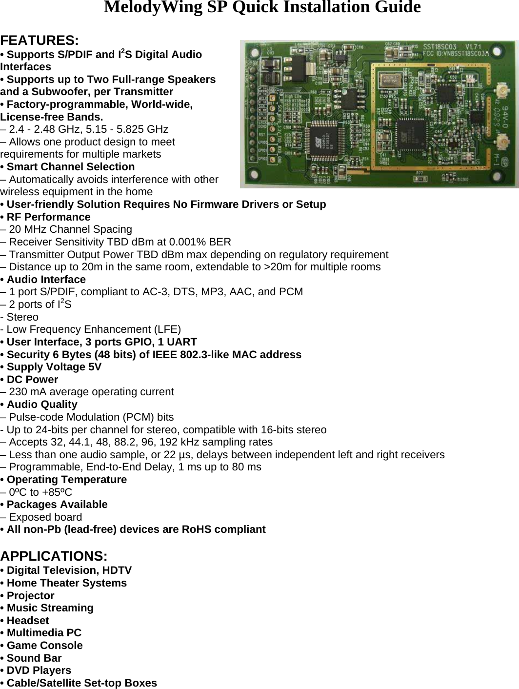 Silicon Storage Technology SST18SC03A MelodyWing SP User Manual