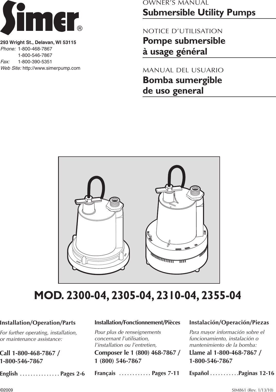 Simer Pumps 146189 Users Manual SIM861