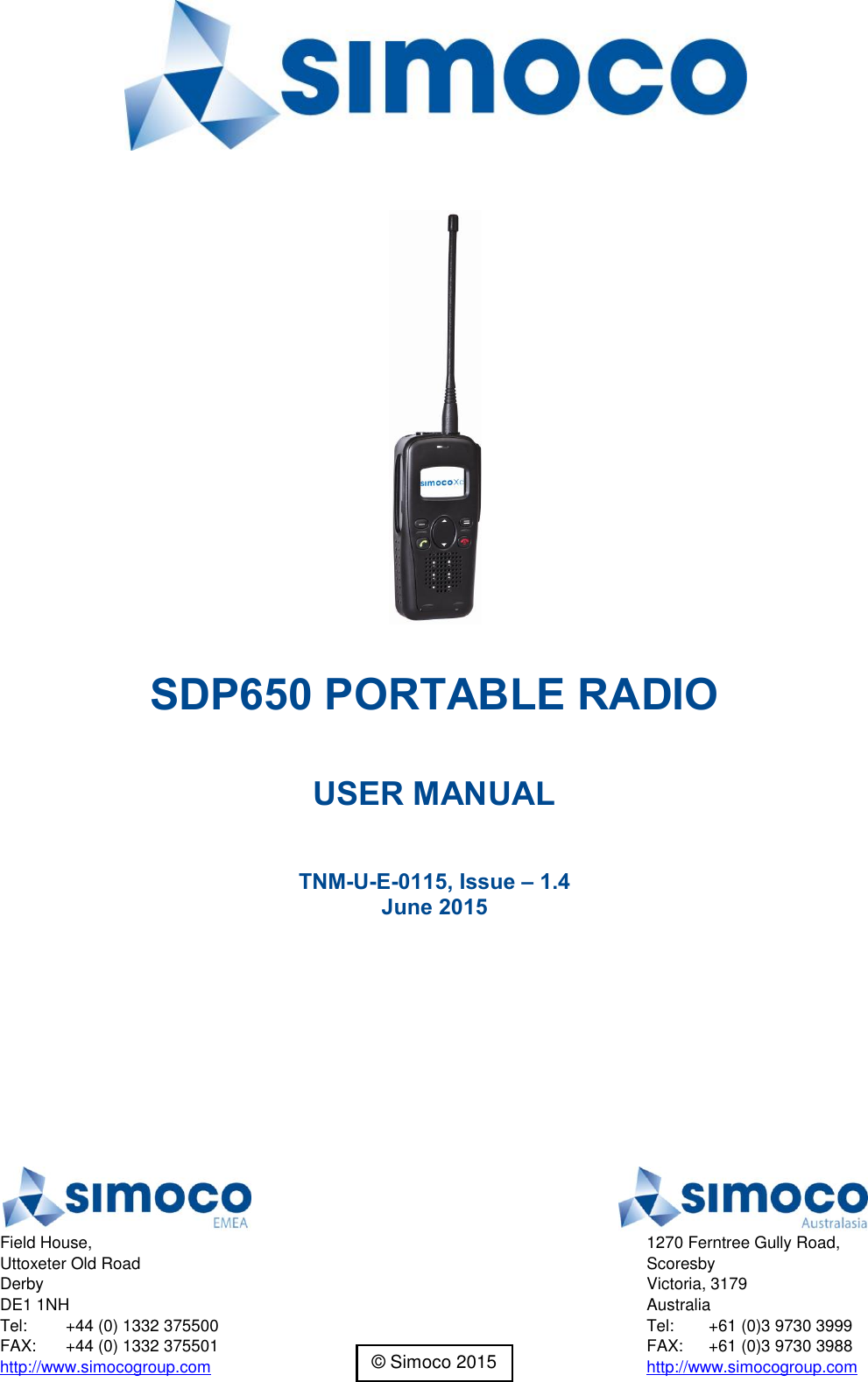 Simoco Wireless Solutions SDP600UW UHF Portable Transceiver User Manual 1