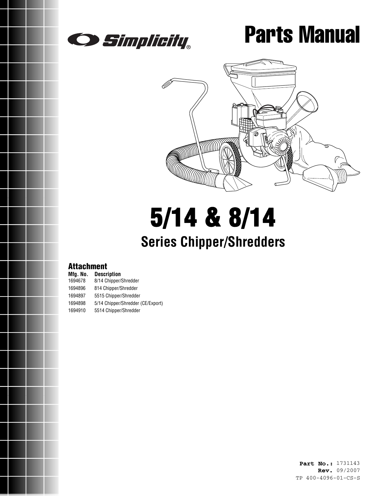 Simplicity 5 14 Series Parts Manual 5/14 & 8/14 Chipper Shredders