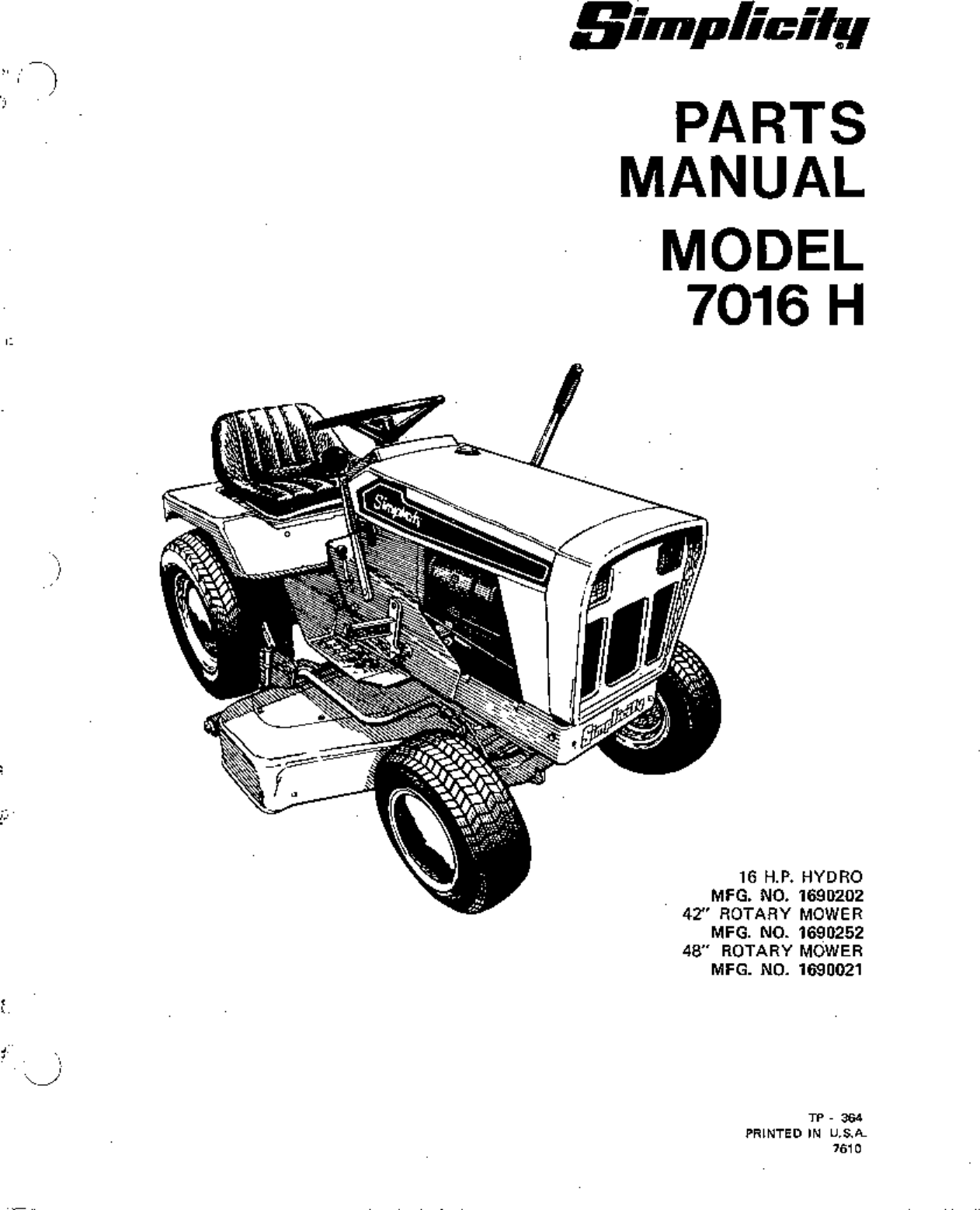 Simplicity 7016 H Parts Manual