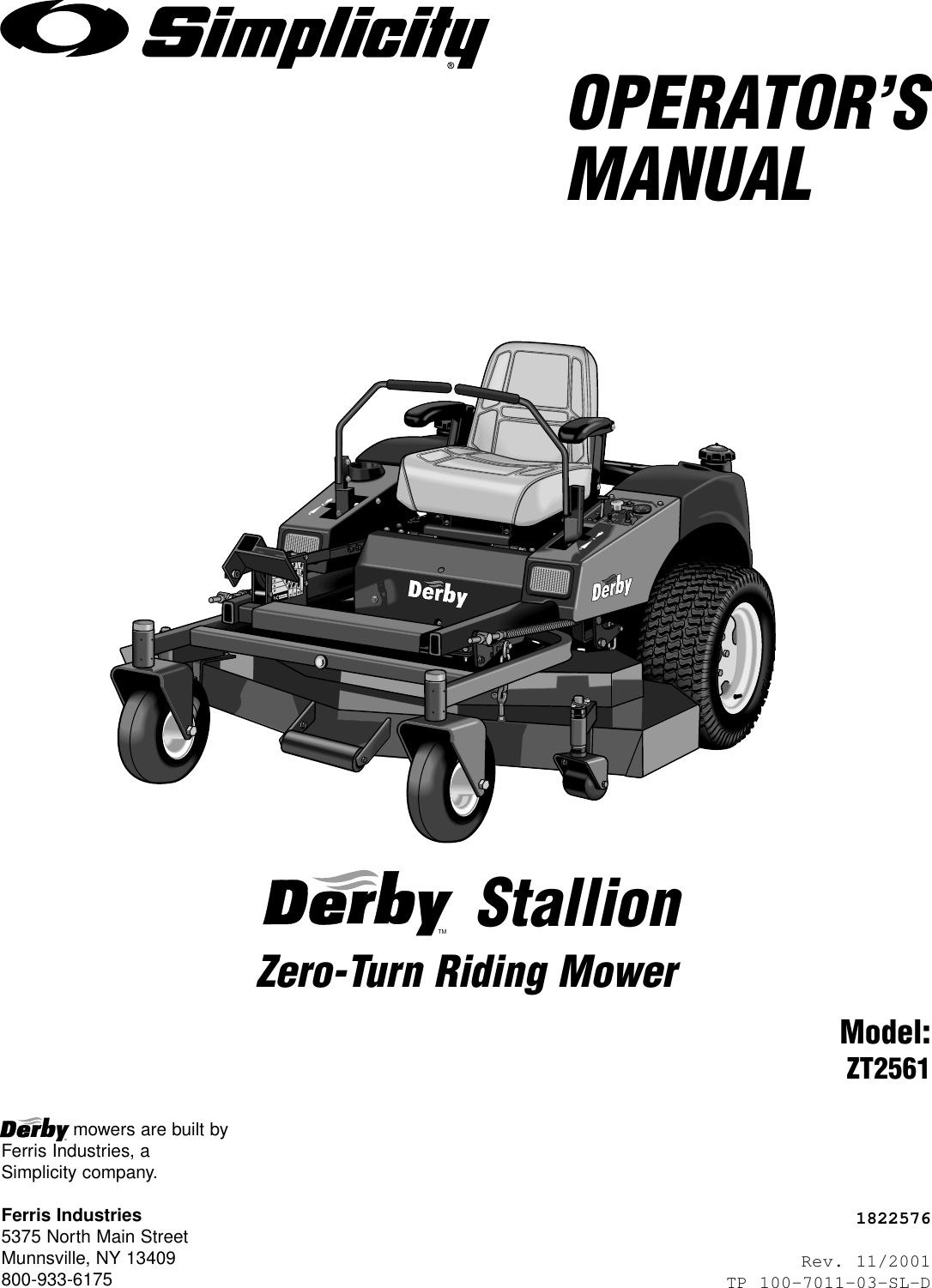 Simplicity Derby Stallion Zt2561 Operators Manual