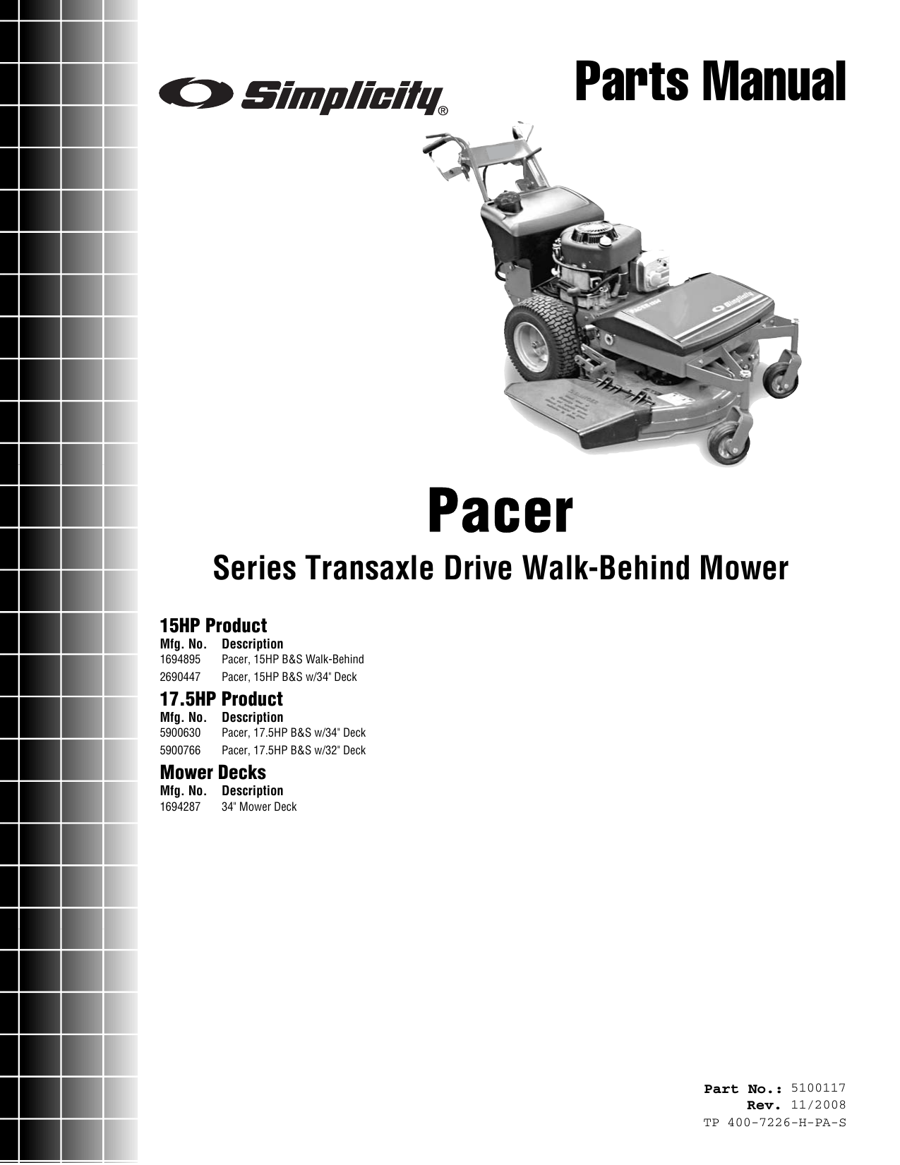 Simplicity Pacer 1694287 Parts Manual PartsManual