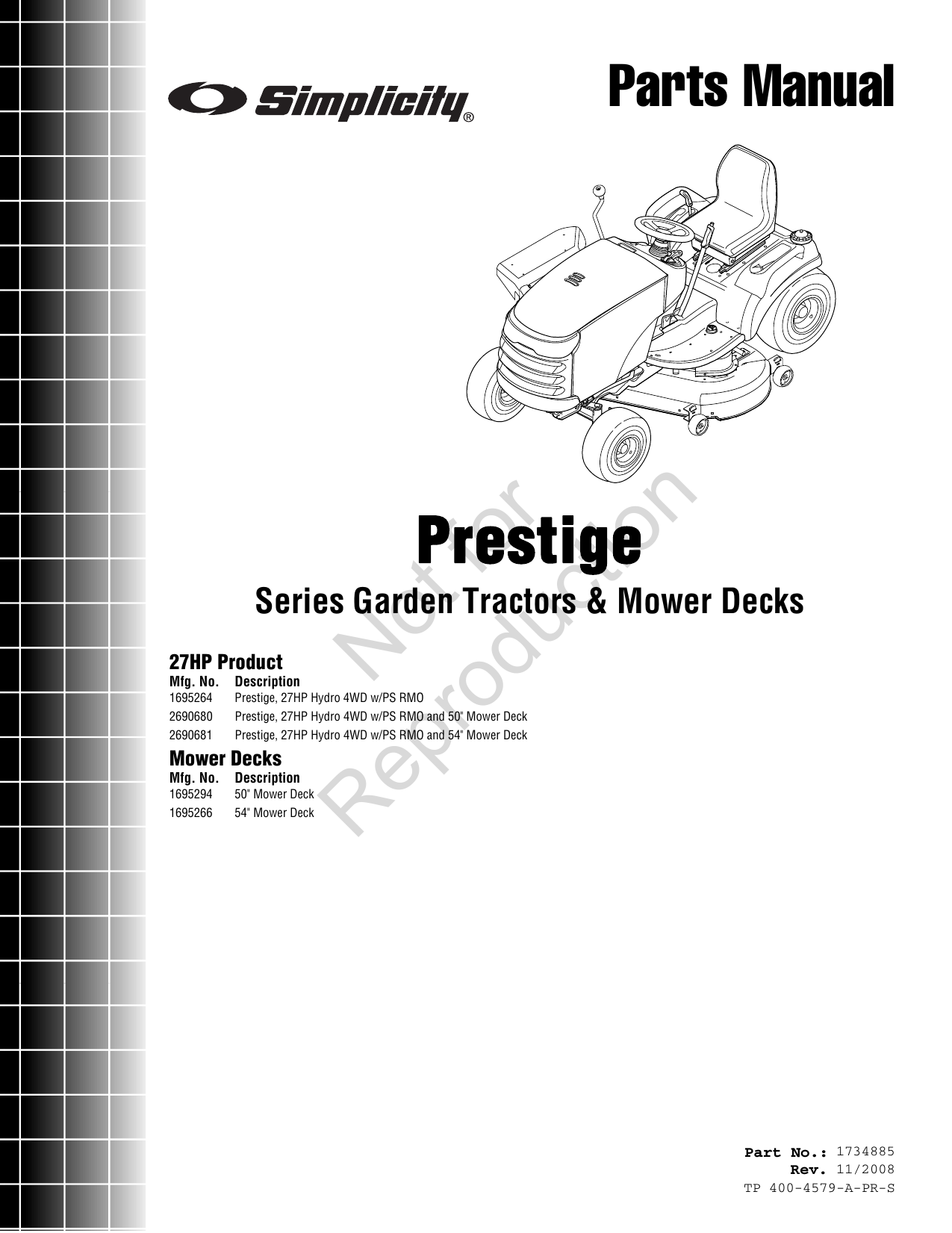 Simplicity Prestige 27Hp Parts Manual Series Garden Tractors & Mower Decks