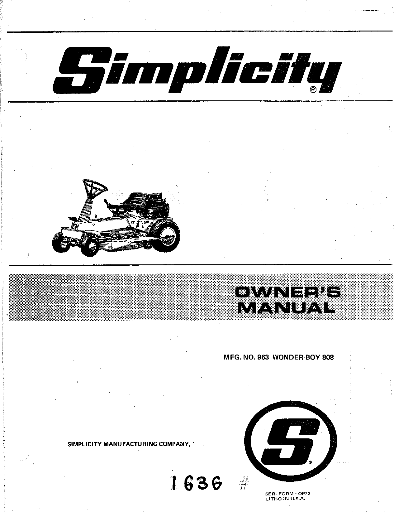 Simplicity Wonder Boy 963 Specification Sheet