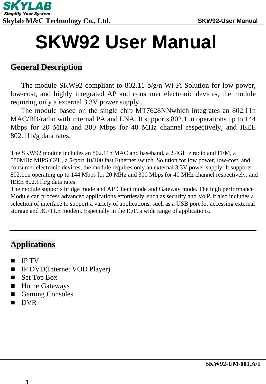 Skylab M and C Technology SKW92 WiFi Module User Manual SKW92