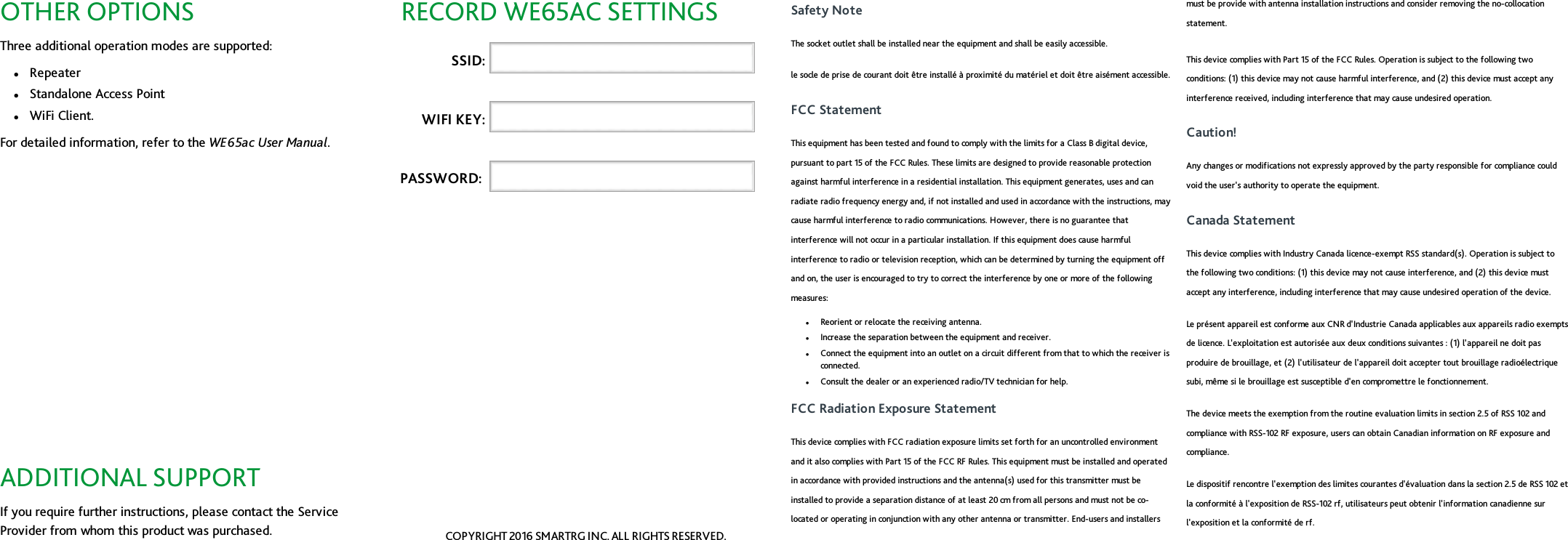 SmartRG WE65 DUAL-BAND WIFI EXTENDER User Manual WE65ac Quick Start Guide