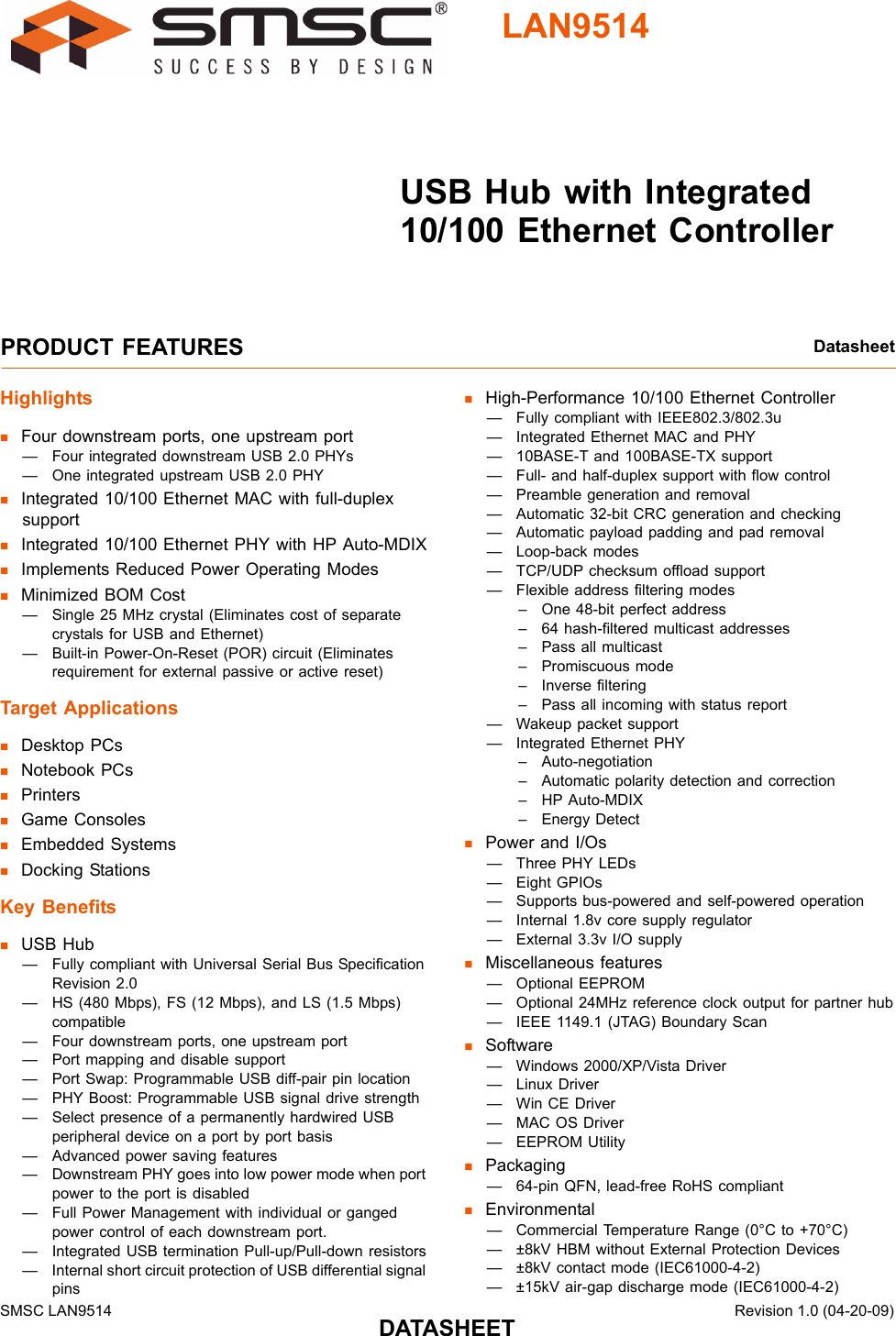 Smsc Lan9514 Users Manual USB Hub With Integrated 10/100 Ethernet ...