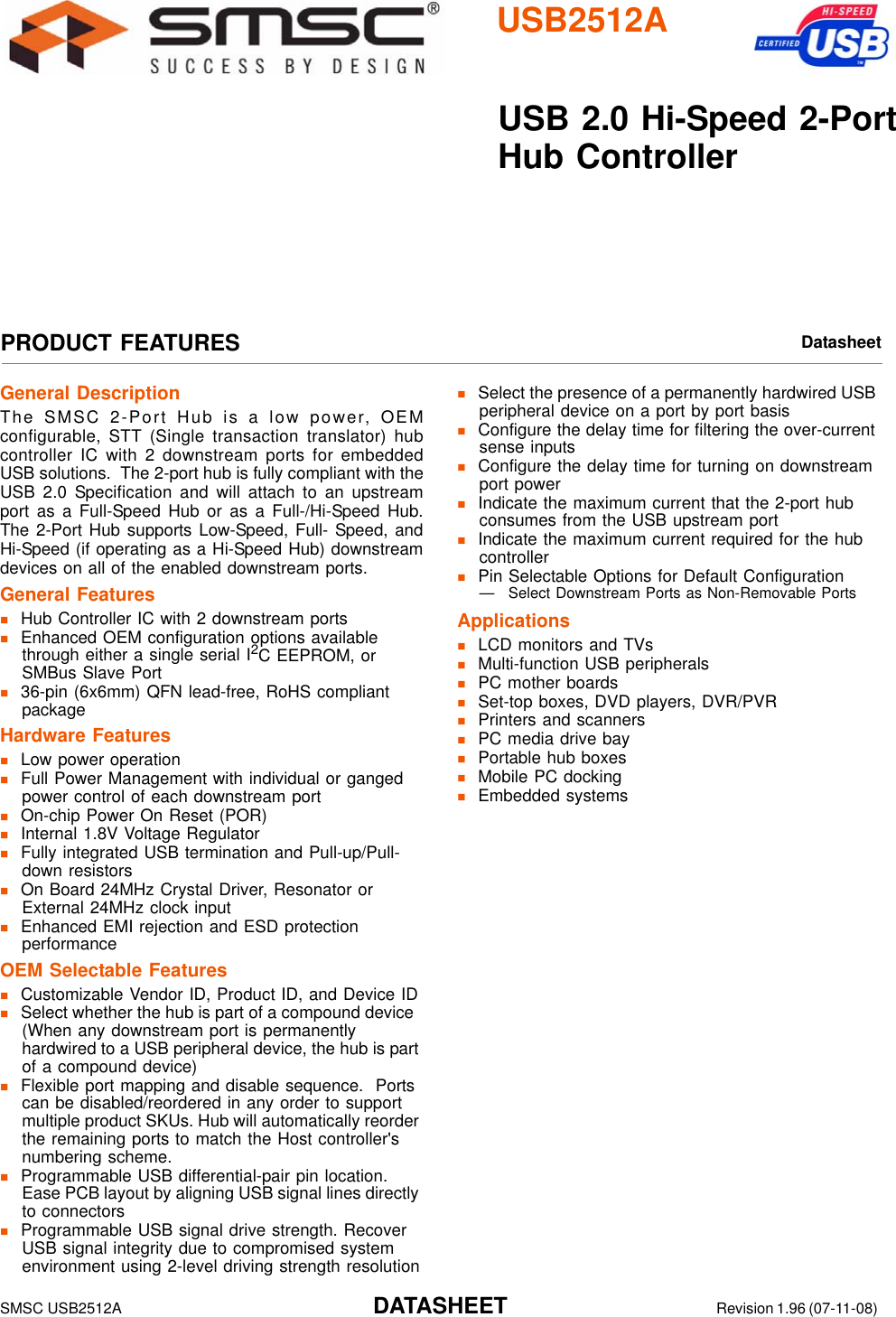 Smsc Usb2512A Users Manual USB 2.0 Hi Speed 2 Port Hub Controller Data ...