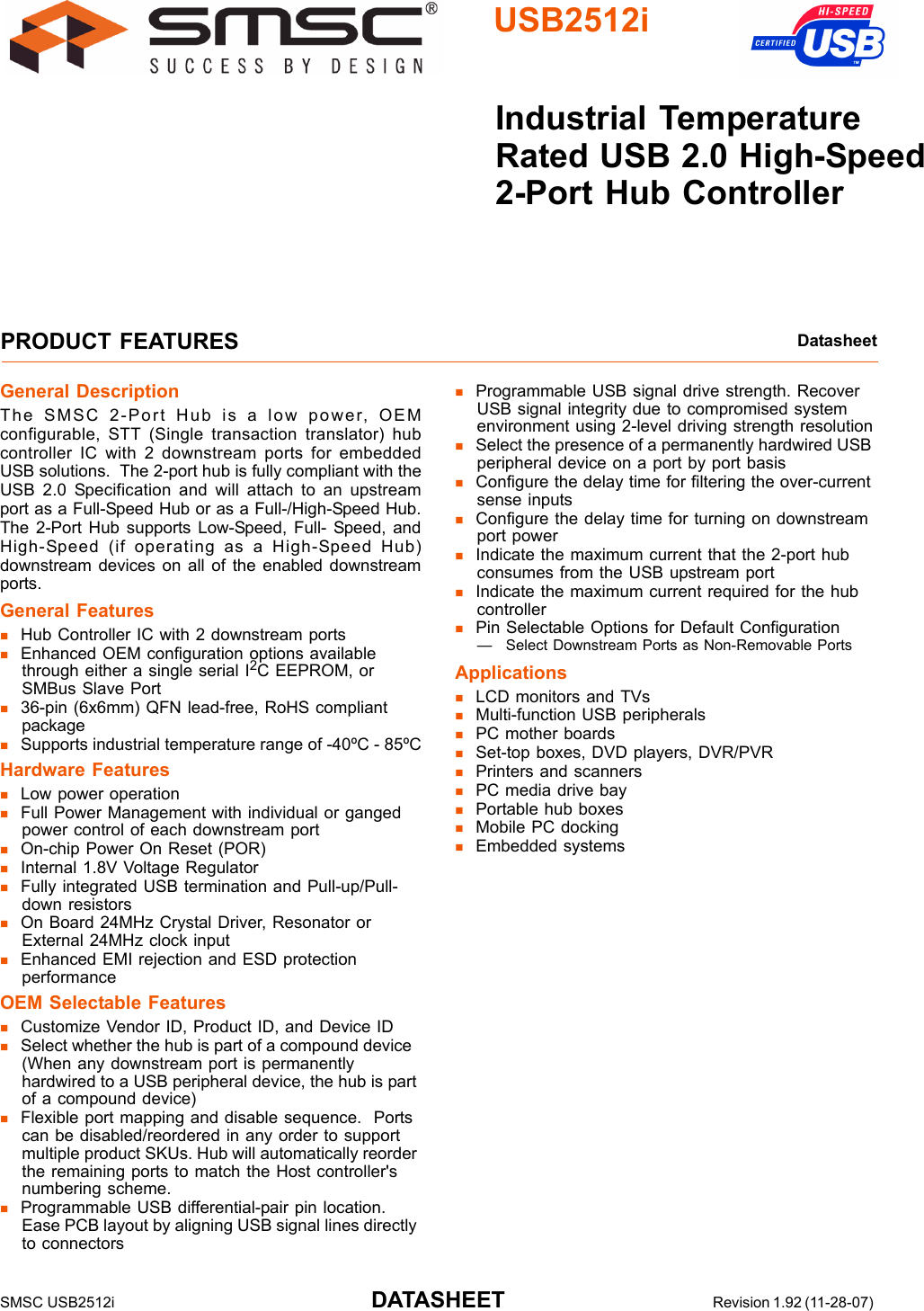 Smsc Usb2512I Users Manual USB2521i Industrial Temperature Rated USB 2. ...