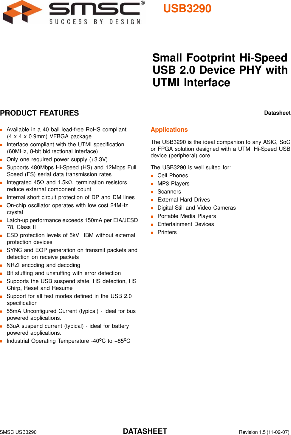 Smsc Usb3290 Users Manual Small Footprint Hi Speed USB 2.0 Device PHY ...