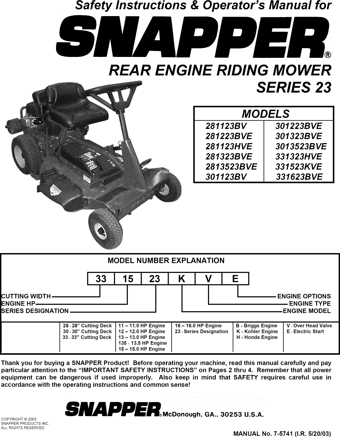 Snapper 281323BVE User Manual REAR ENGINE RIDING MOWER Manuals And ...