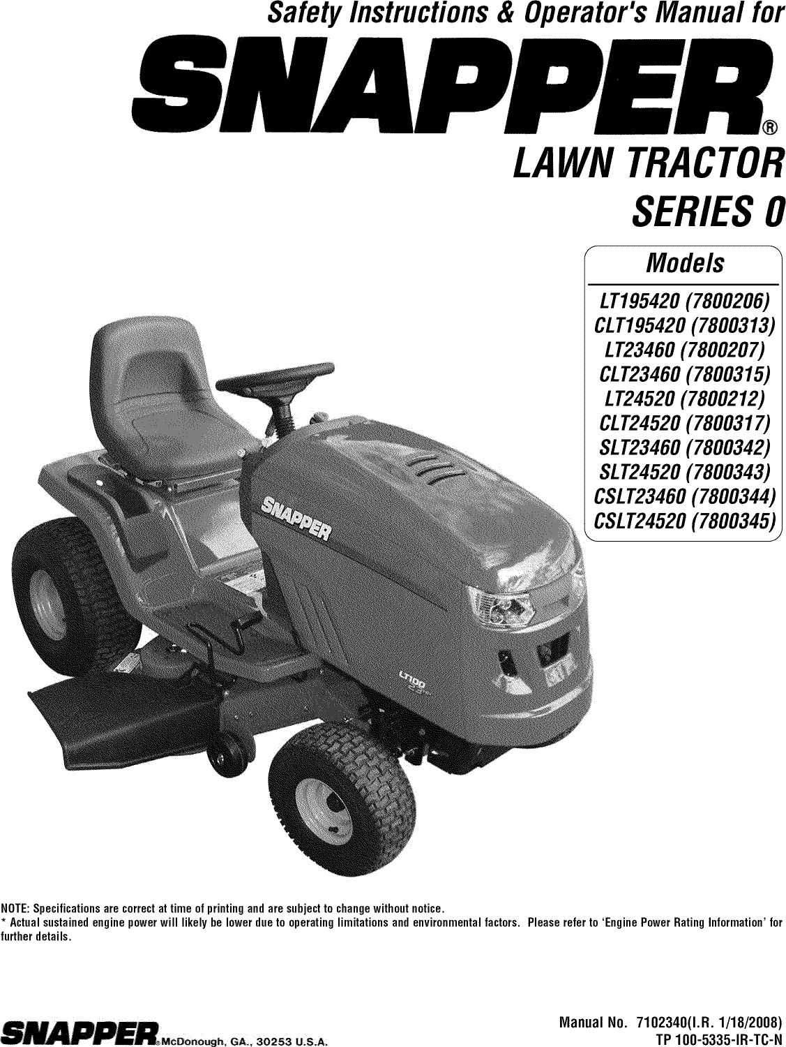 Snapper 7800207 User Manual TRACTOR Manuals And Guides L0807713