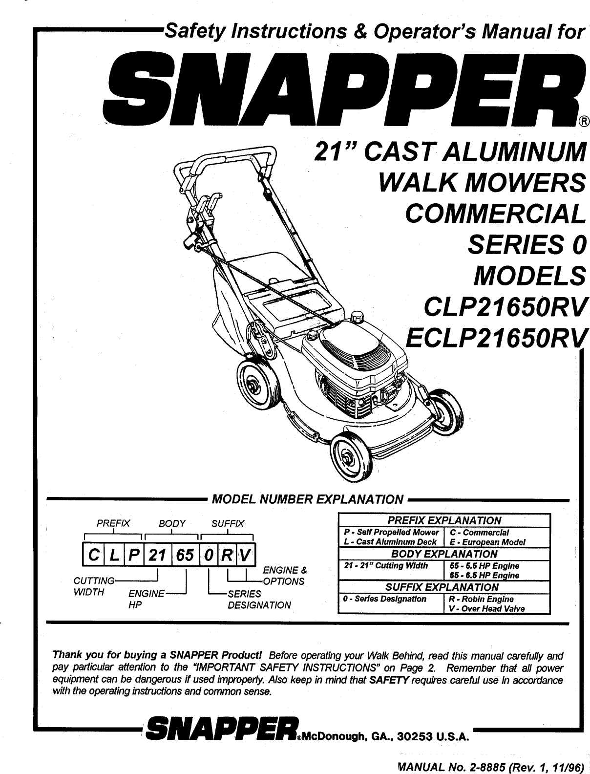Snapper CLP21650RV User Manual LAWN MOWER Manuals And Guides L0807575