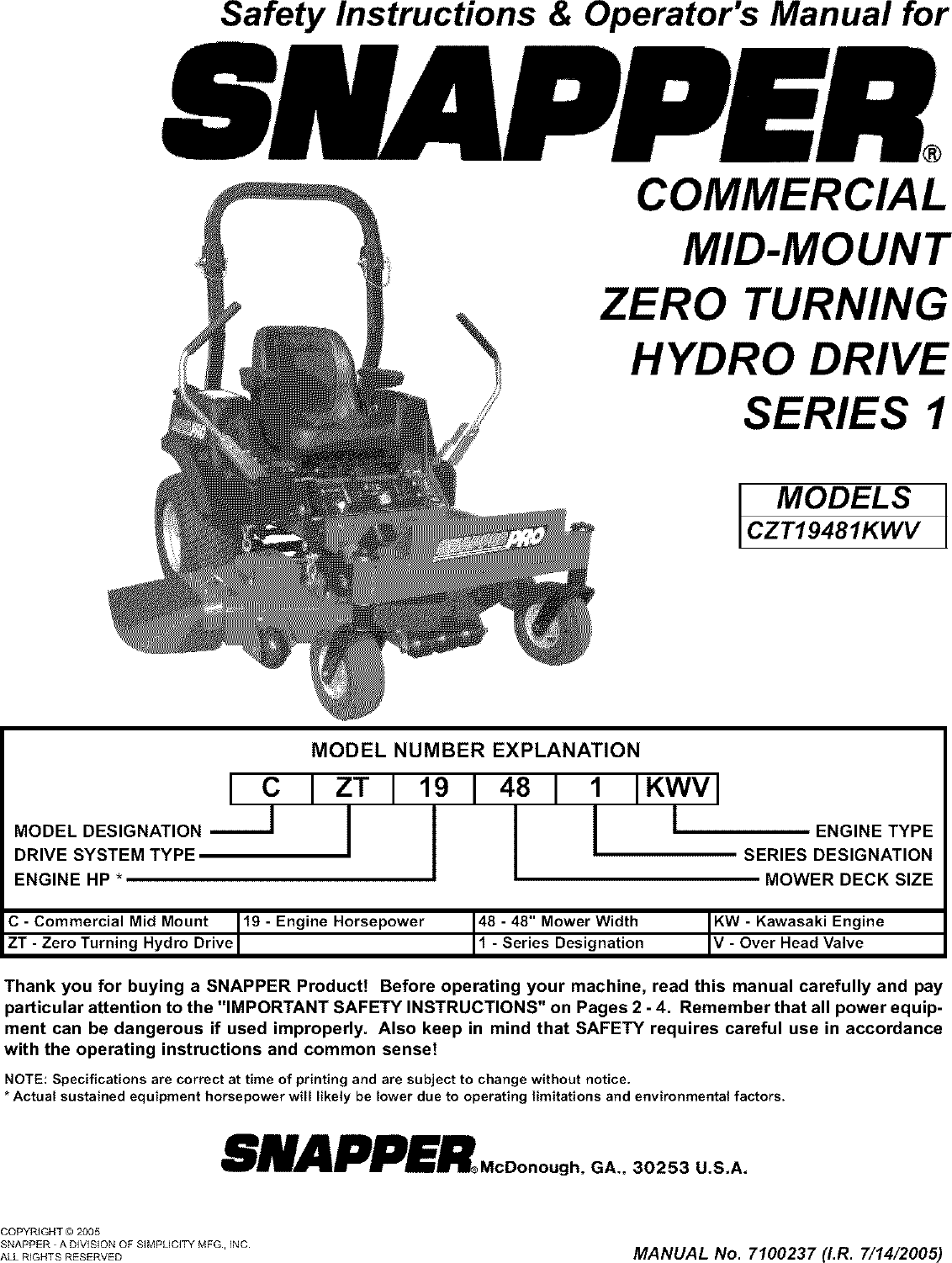 Snapper CZT19481KWV User Manual ZERO TURN MOWER Manuals And Guides L0808053