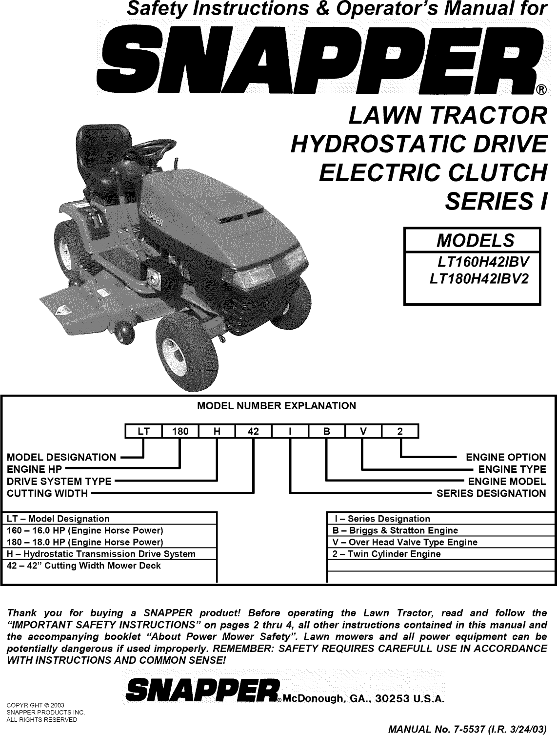 Snapper LT160H42IBV User Manual TRACTOR Manuals And Guides L0807652