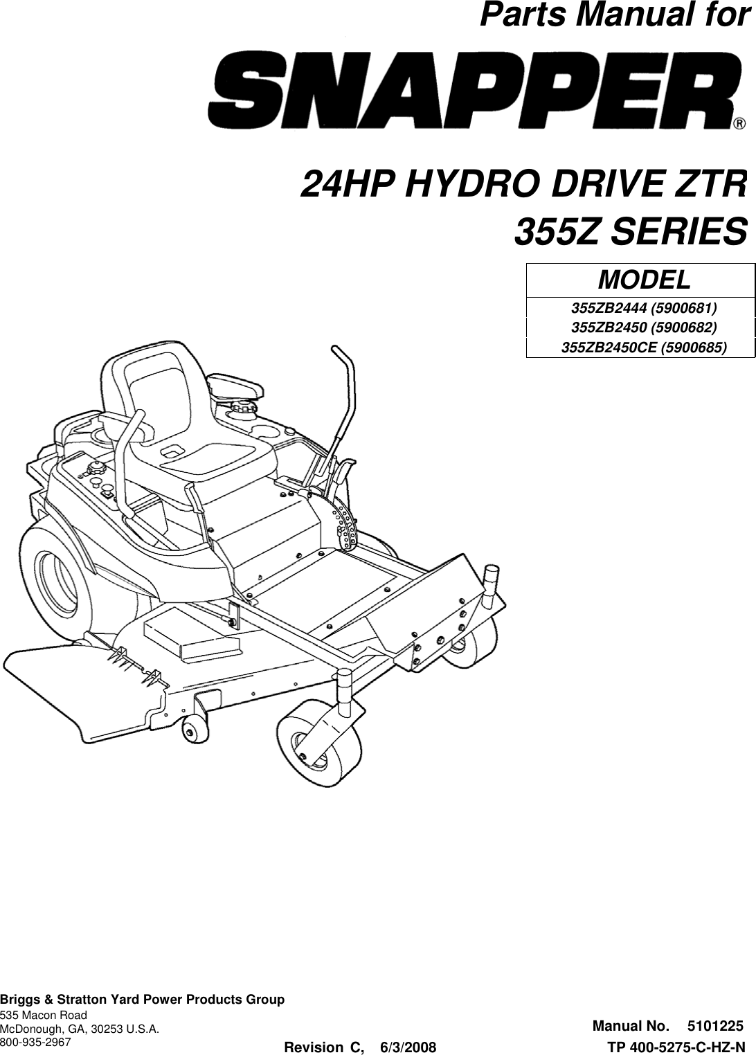 Snapper 355Z Series Users Manual PartsManual