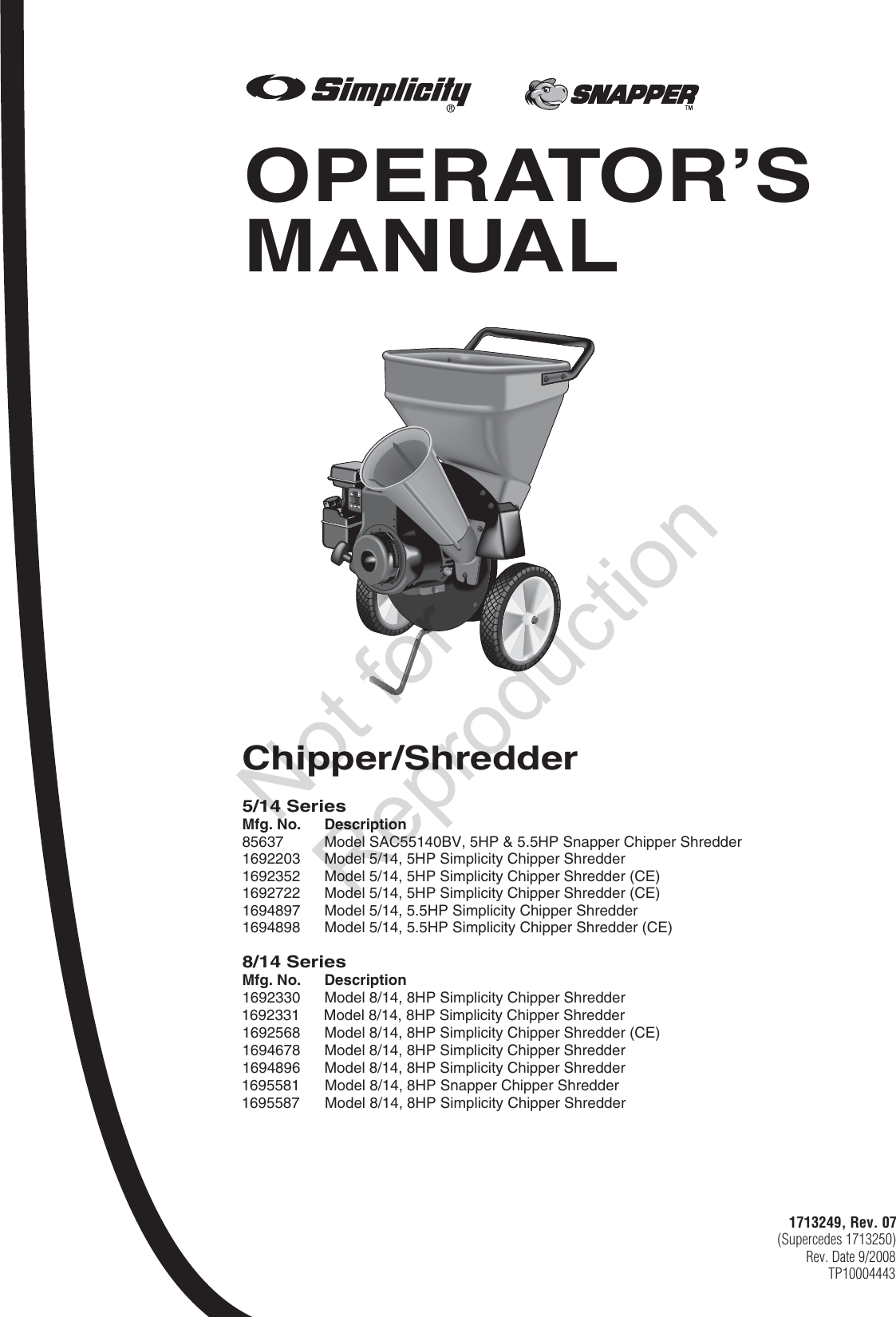 Snapper 5 14 Series Users Manual