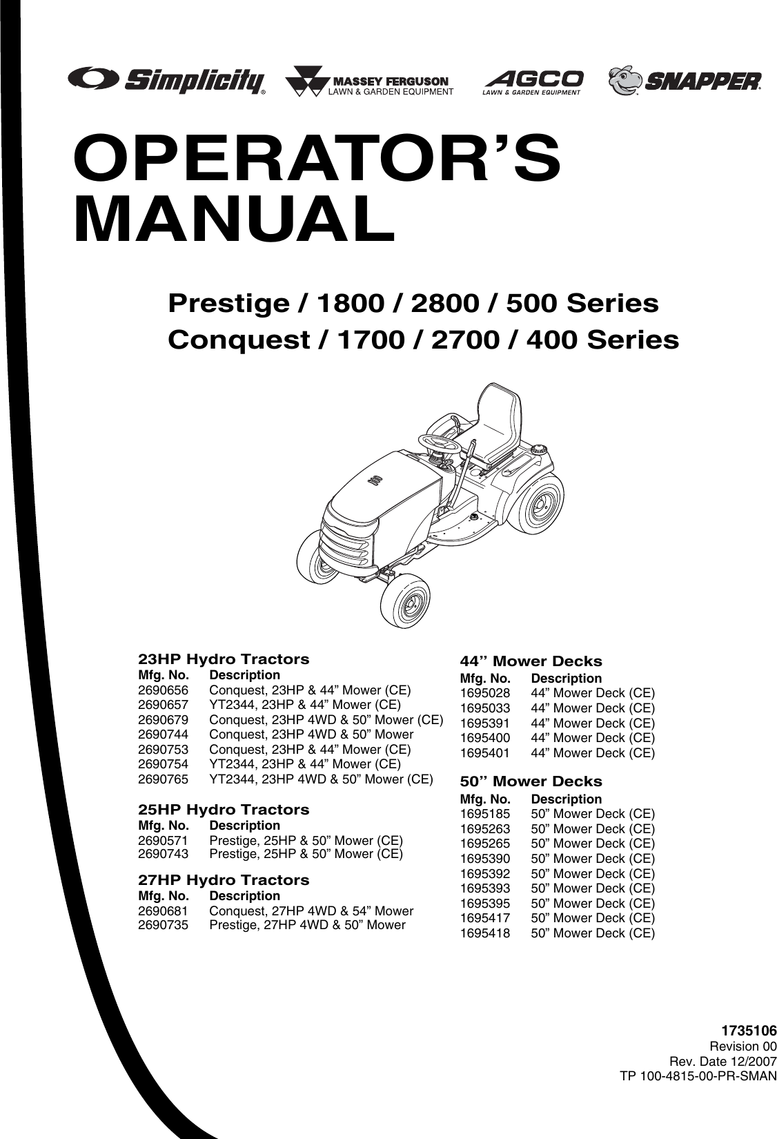 Snapper Conquest 1700 2700 400 Users Manual TP 100 4815 00 PR SMAN