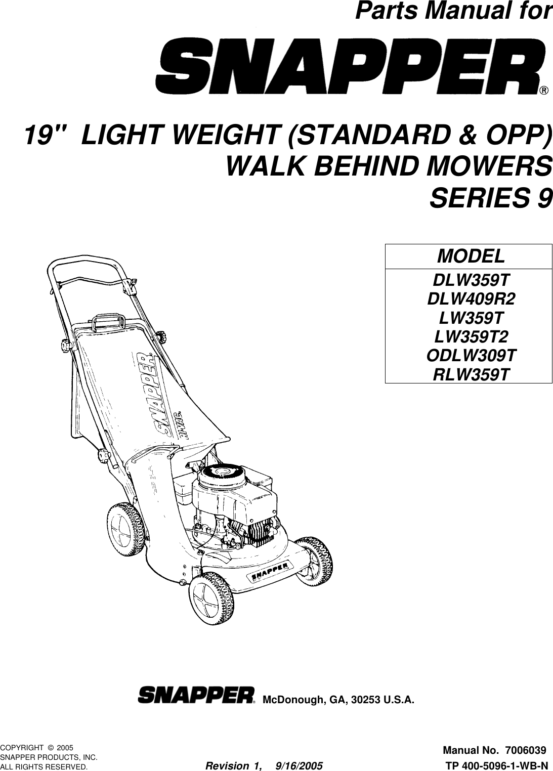 Snapper Dlw359T Users Manual PartsManual