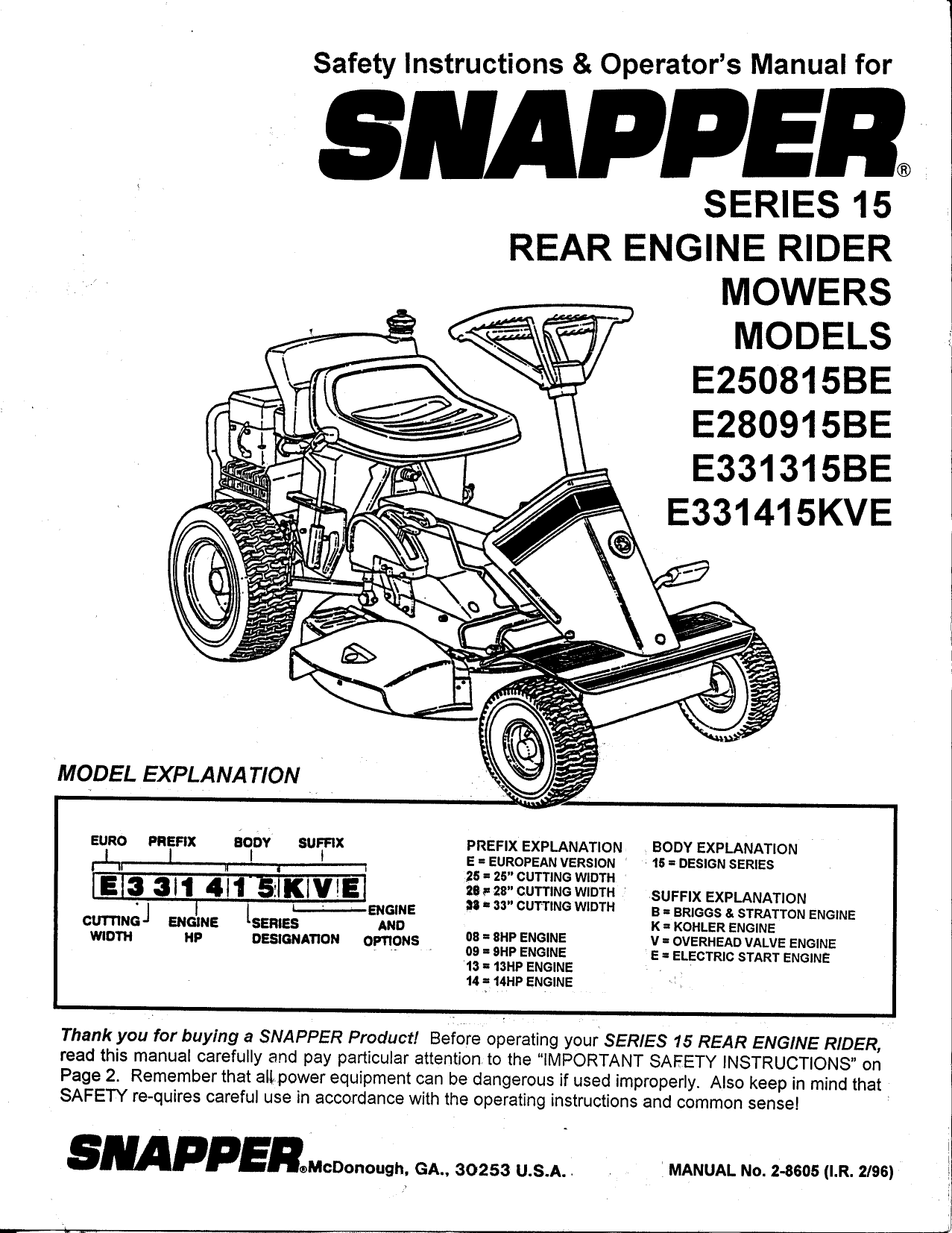 Snapper E280915Be Users Manual
