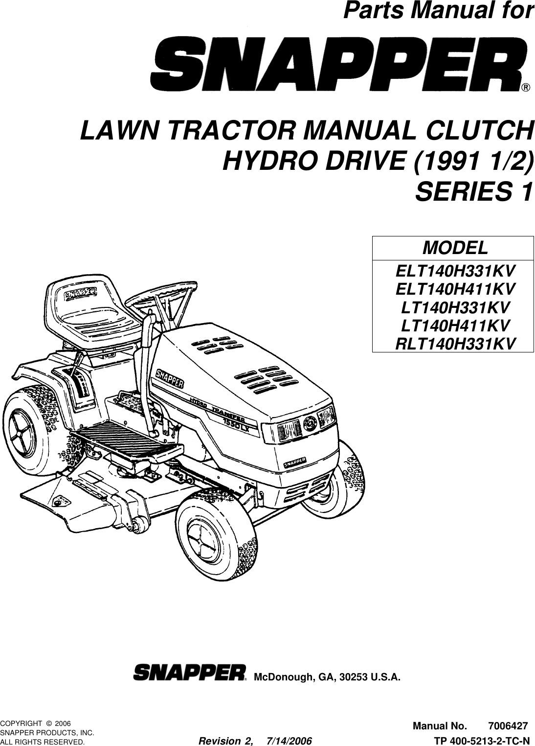 Snapper Elt140H331Kv Users Manual PartsManual