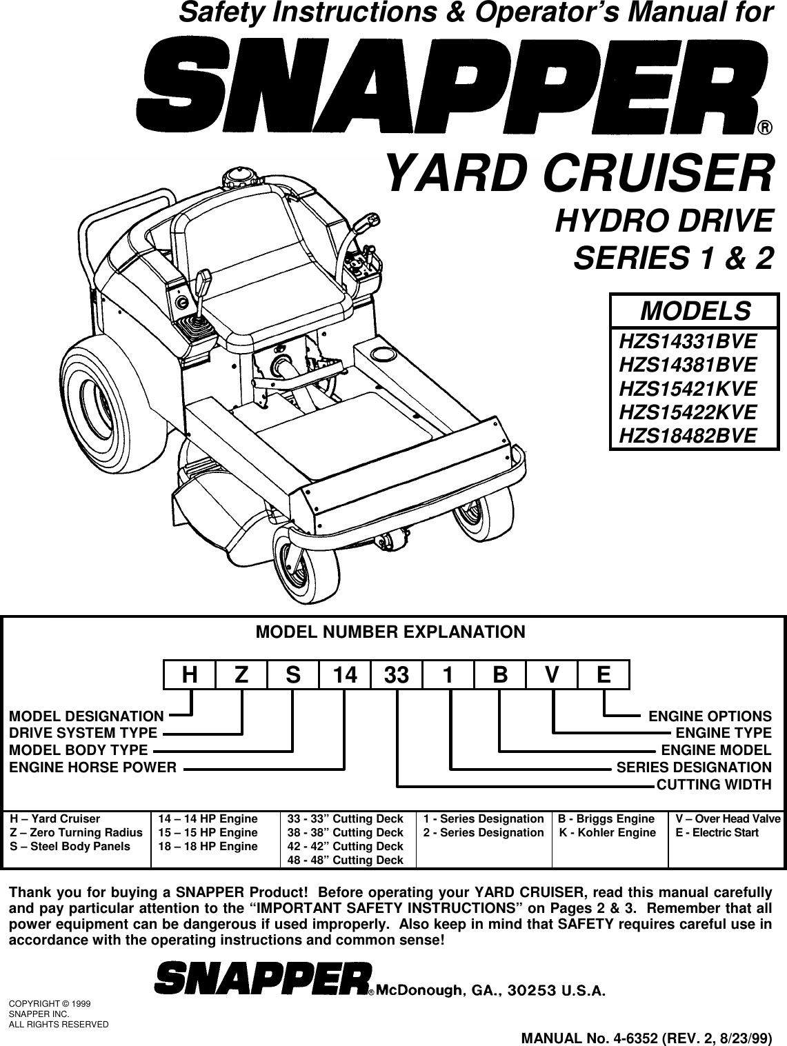 Snapper Hzs14331Bve Hzs14381Bve Hzs15421Kve Hzs15422Kve Hzs18482Bve ...