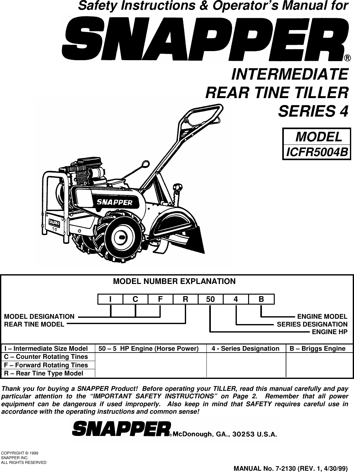 Snapper Icfr5004B Users Manual 7 2130D