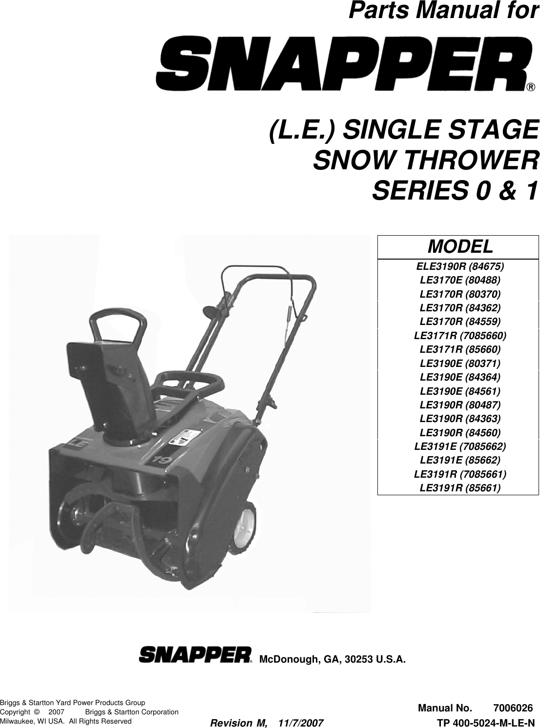 Snapper Le3170E Users Manual PartsManual