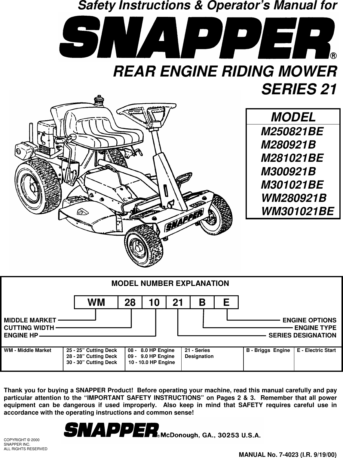 Snapper M281021Be M300921B M301021Be Wm280921B Users Manual 7 4023D