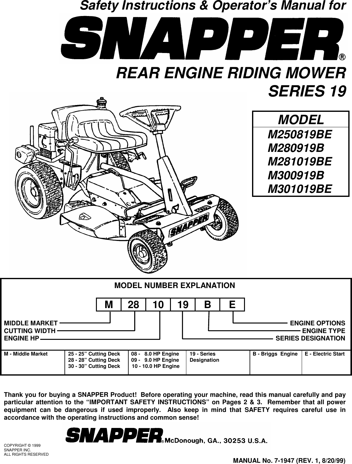 Snapper M300919B M250819Be M280919B M281019Be M301019Be Users Manual 7 ...