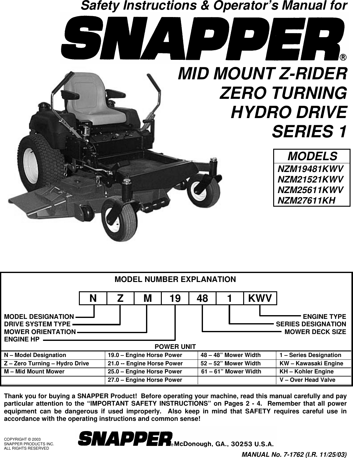 Snapper Mid Mount Z Rider Nzm21521Kwv Users Manual 7 1762D