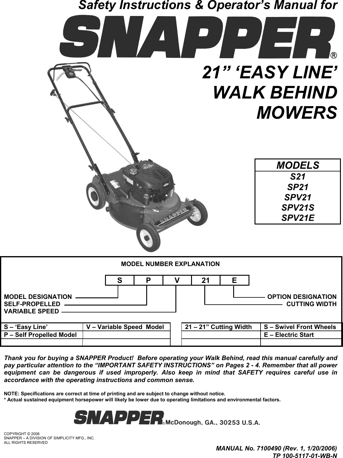 Snapper S21 Sp21 Spv21 Spv21S Spv21E Users Manual